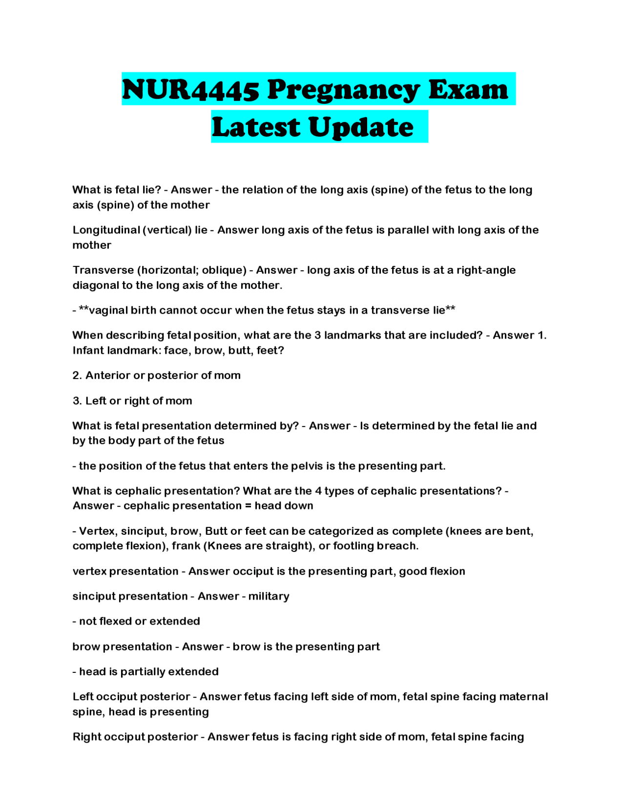 NUR4445 Pregnancy Exam: Understanding Fetal Position, Labor Signs, and ...