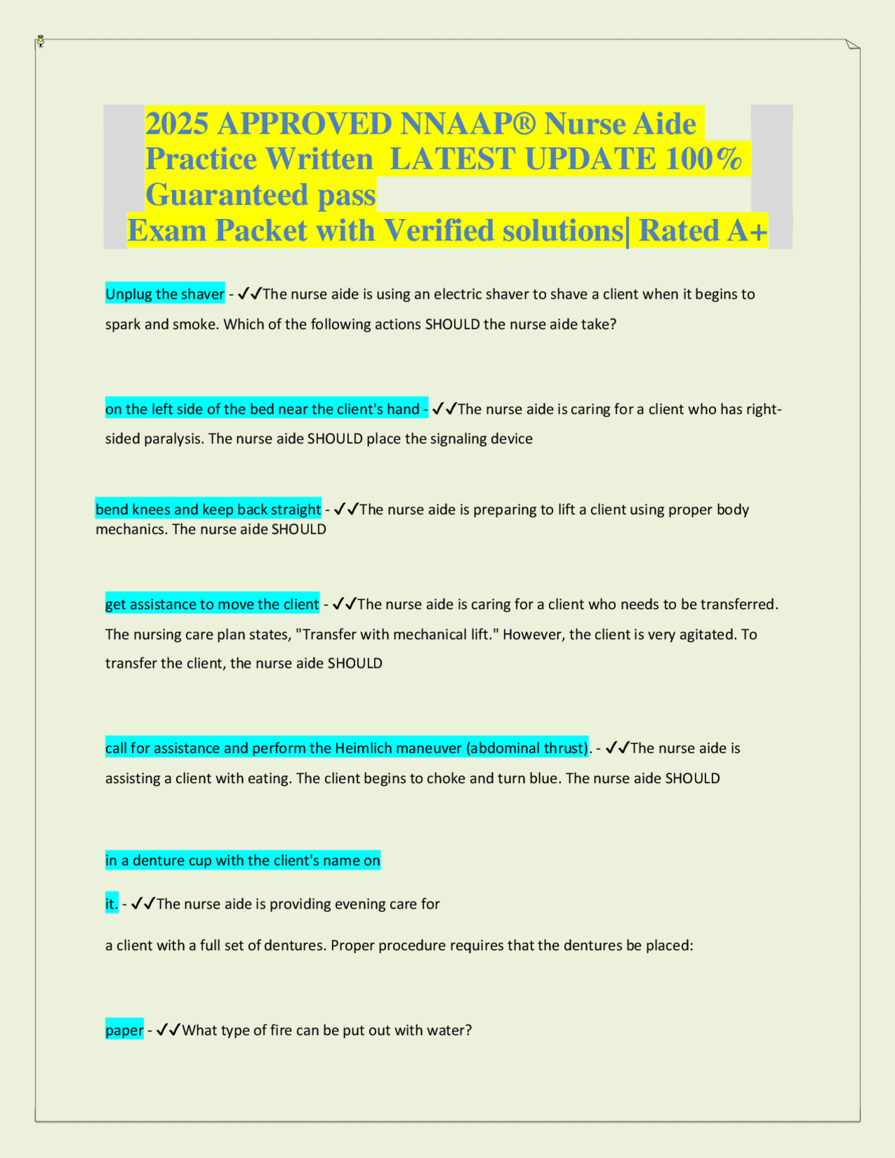 2025 APPROVED NNAAP® Nurse Aide Practice Written LATEST UPDATE 100% ...