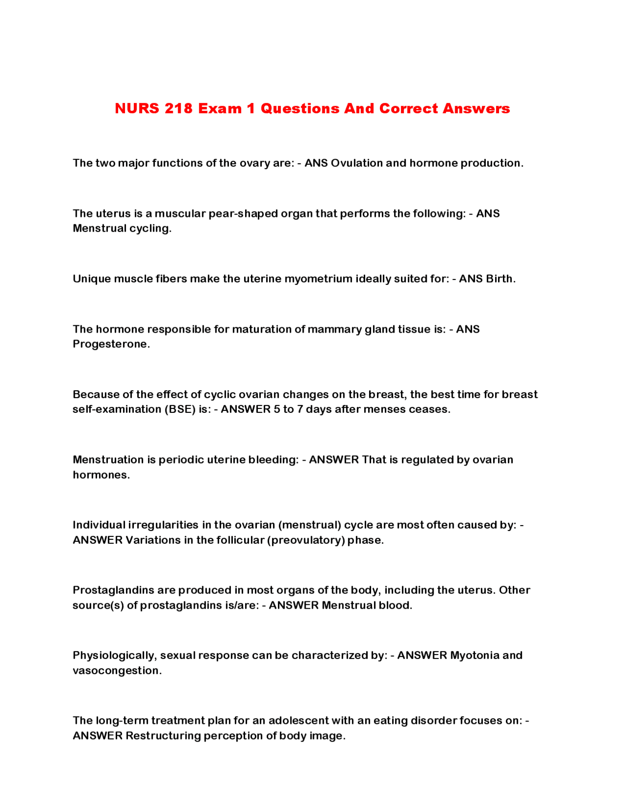 NURS 218 Exam 1 Questions and Answers: Female Reproductive System ...