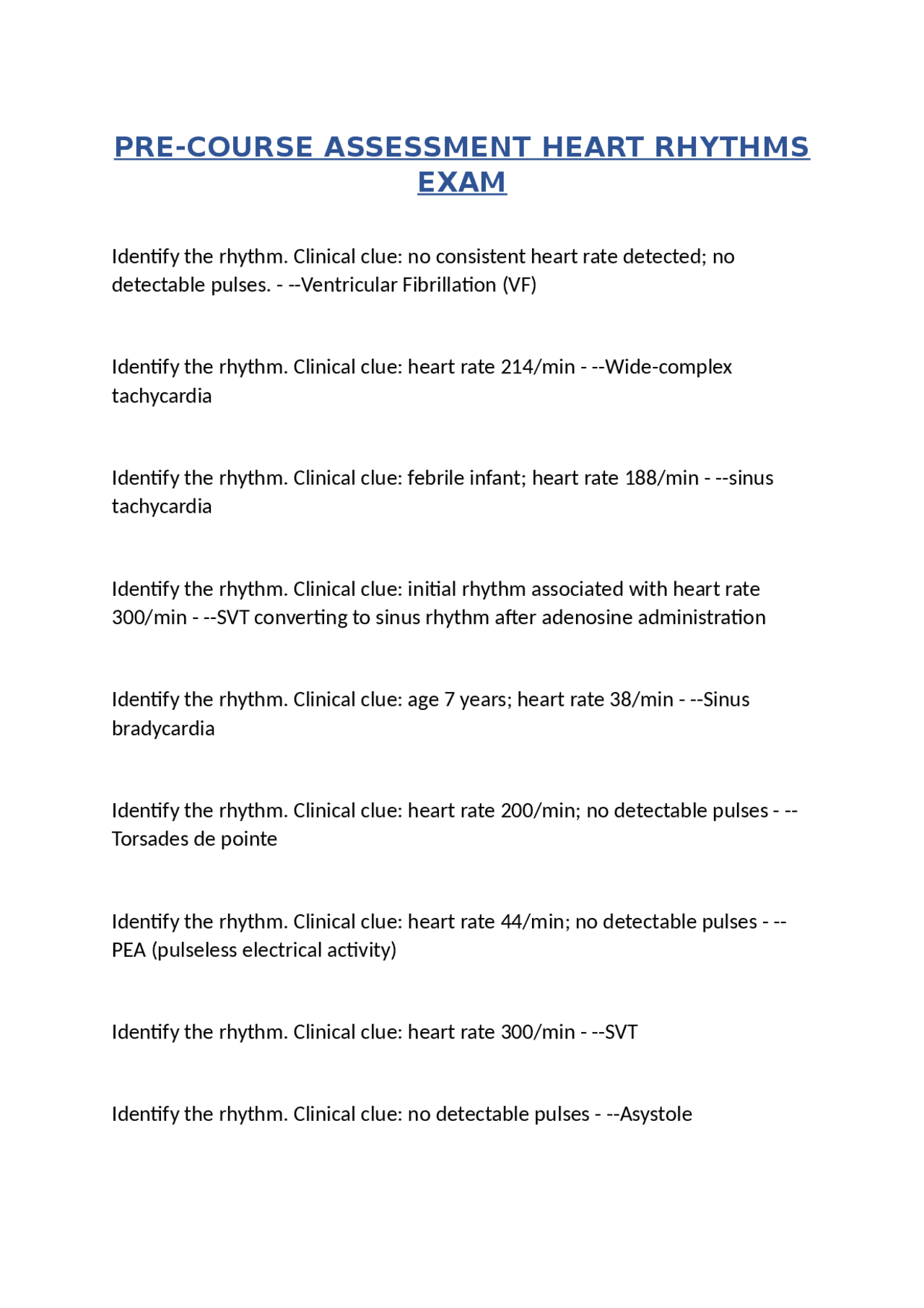 Pre-Course Assessment: Heart Rhythms | Exams Advanced Education | Docsity