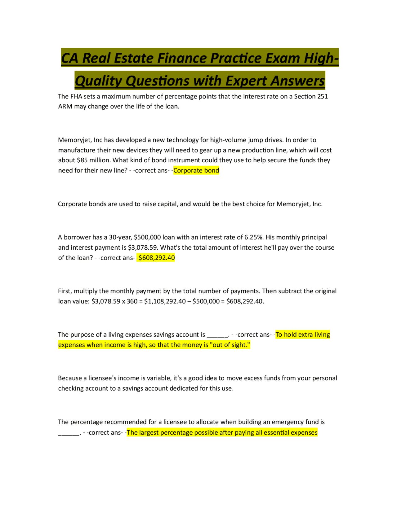 Real Estate Finance Practice Exam: High-Quality Questions with Expert ...