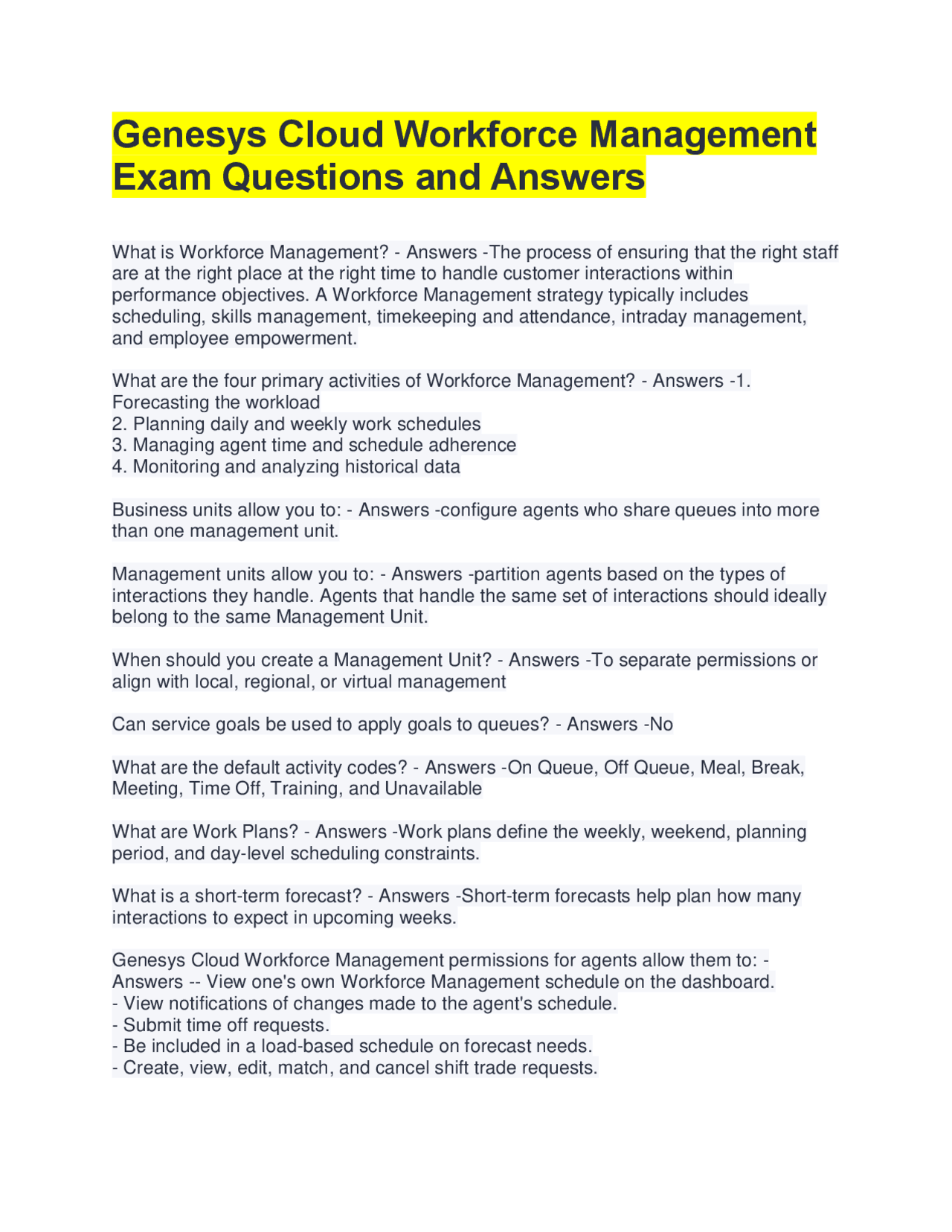 Genesys Cloud Workforce Management Exam Questions and Answers | Exams ...
