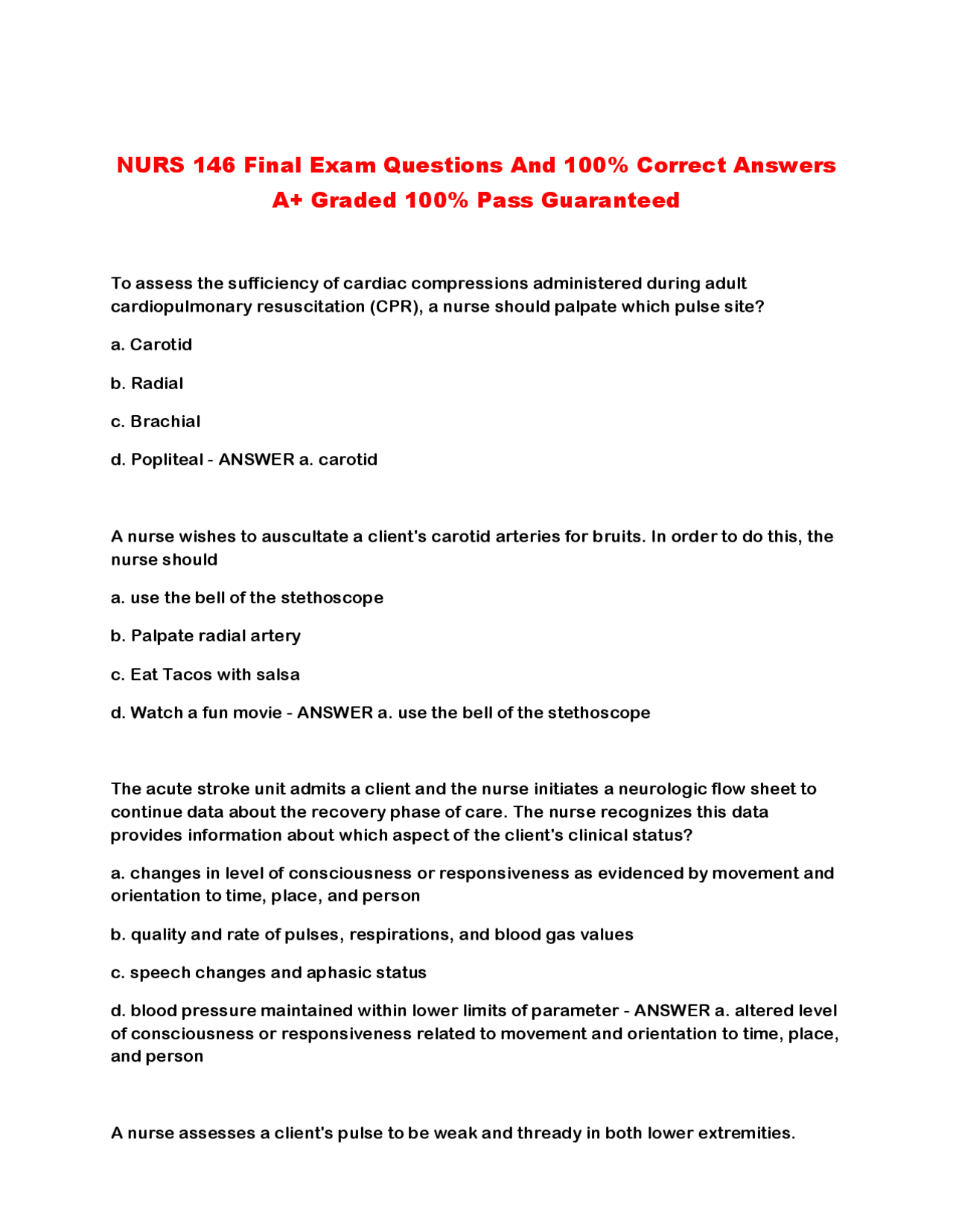 NURS 146 Final Exam Questions And 100% Correct Answers A+ Graded 100% ...