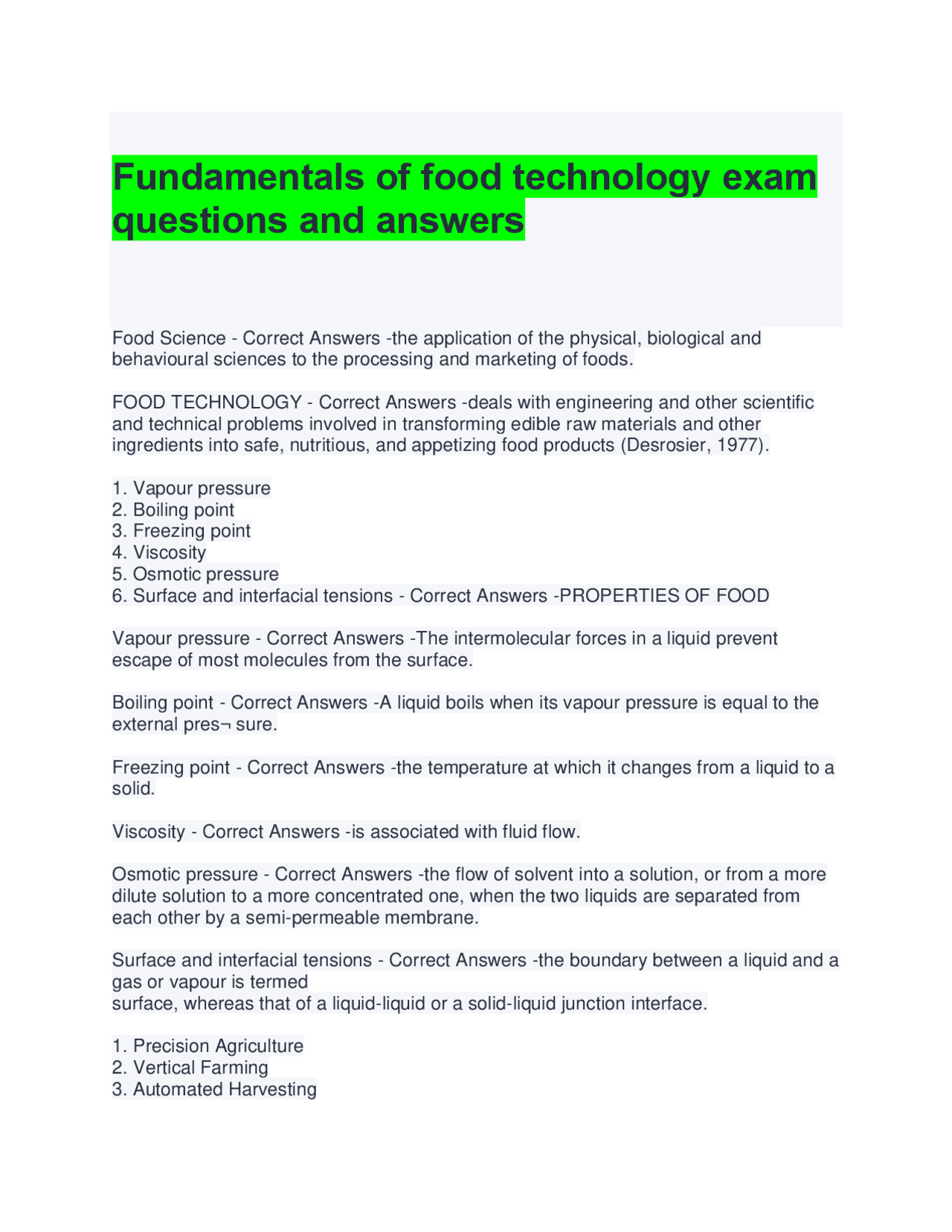 Fundamentals of Food Technology Exam Questions and Answers | Exams ...