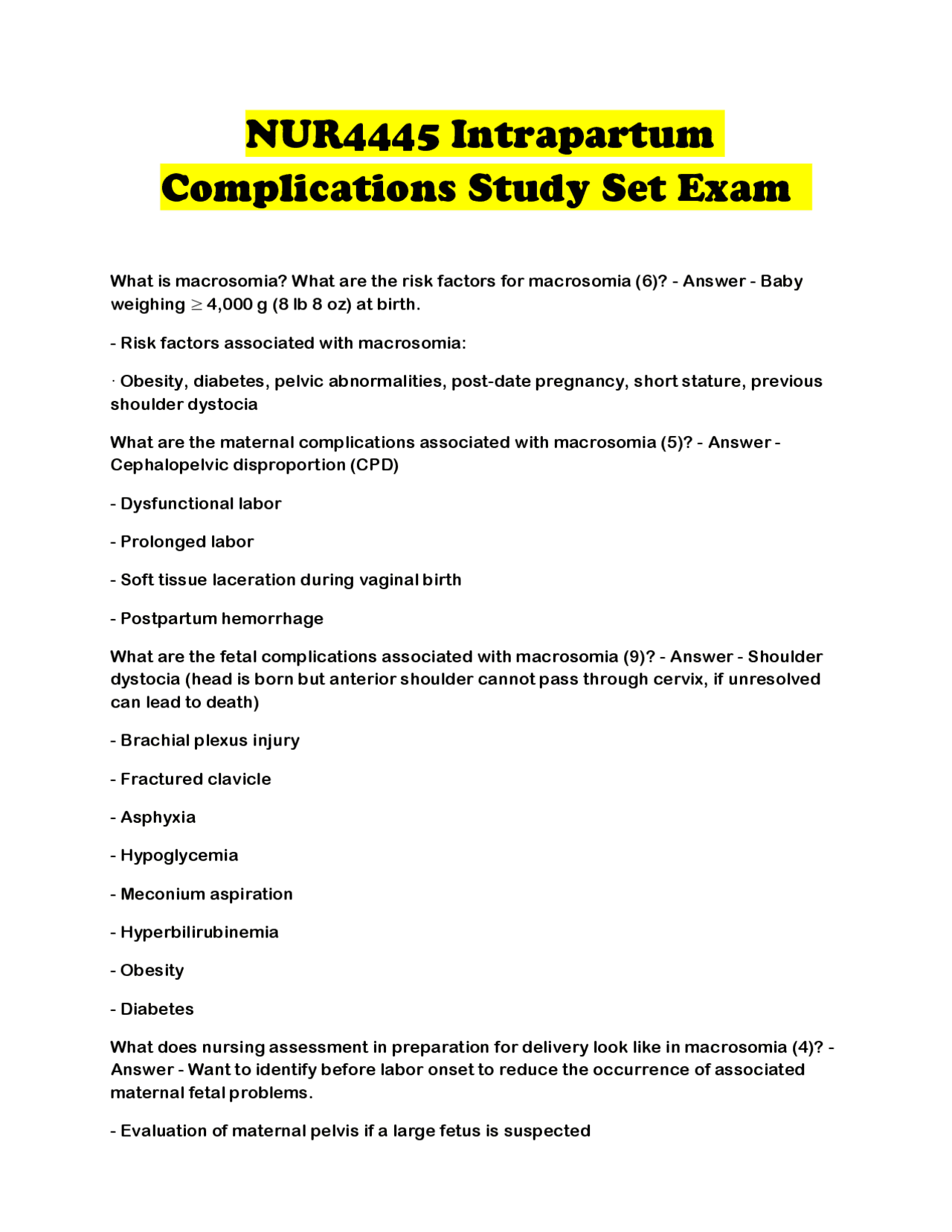 Intrapartum Complications Study Set Exam: NUR4445 | Exams Nursing | Docsity