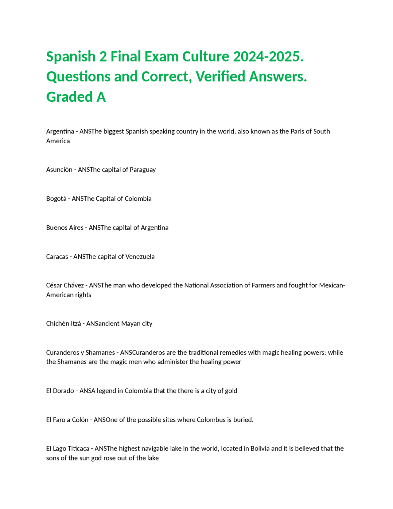 Spanish 2 Final Exam Culture 2024-2025. Questions and Correct, Verified ...