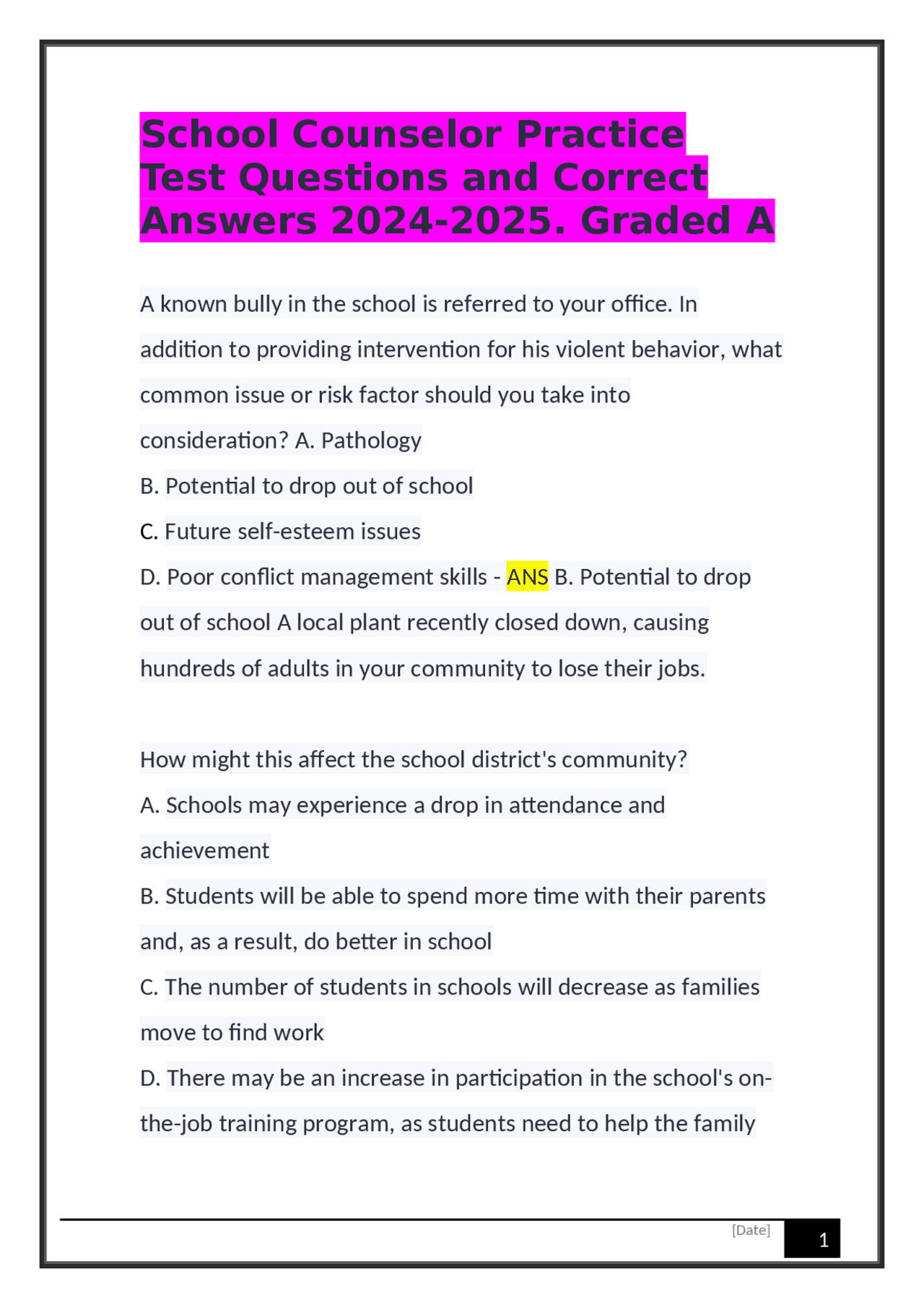 School Counselor Practice Test Questions and Correct Answers 2024-2025 ...