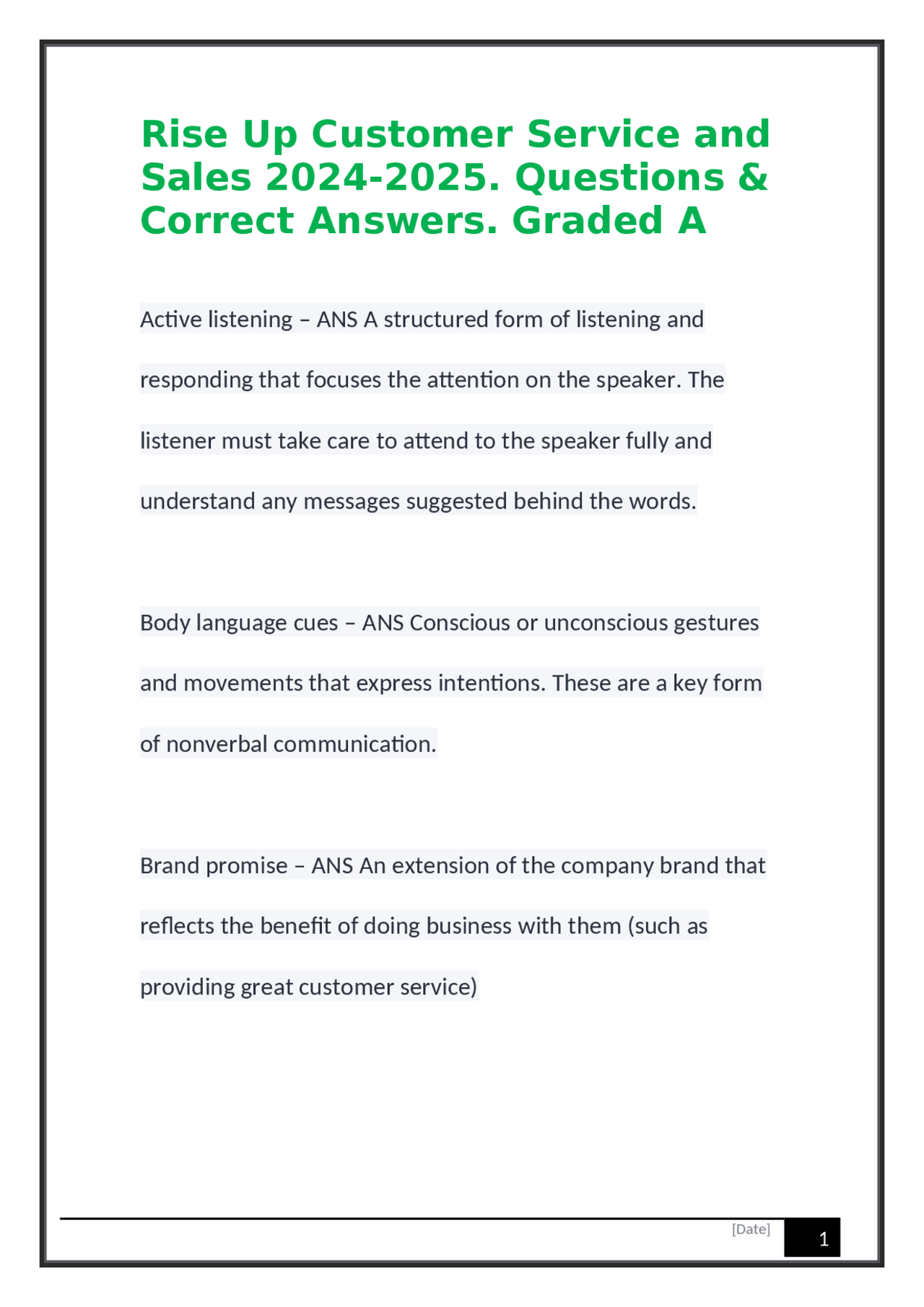 Rise Up Customer Service and Sales 2024-2025. Questions & Correct ...