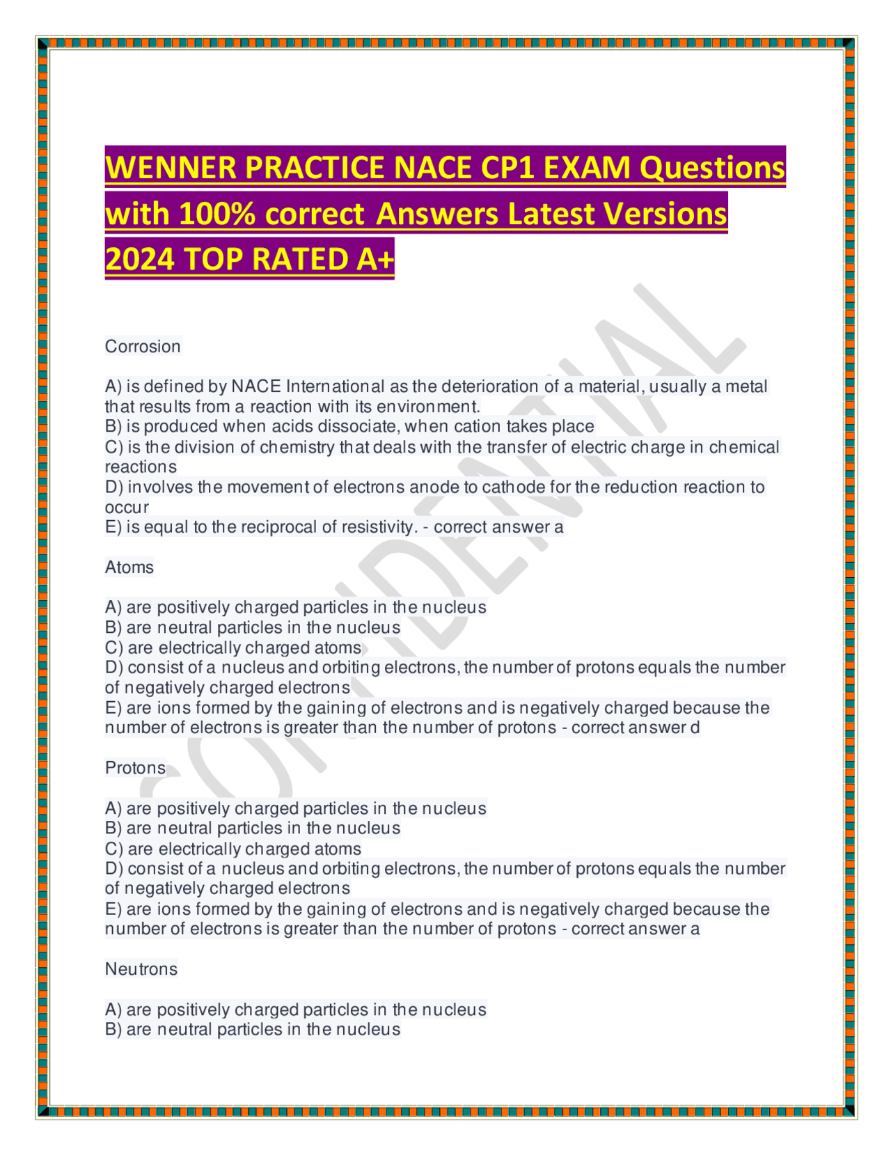 NACE CP1 Exam Practice Questions with Answers | Exams Nursing | Docsity