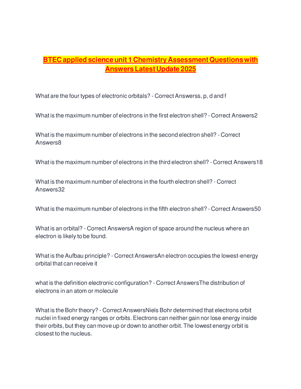 BTEC applied science unit 1 Chemistry Assessment Questions with Answers ...