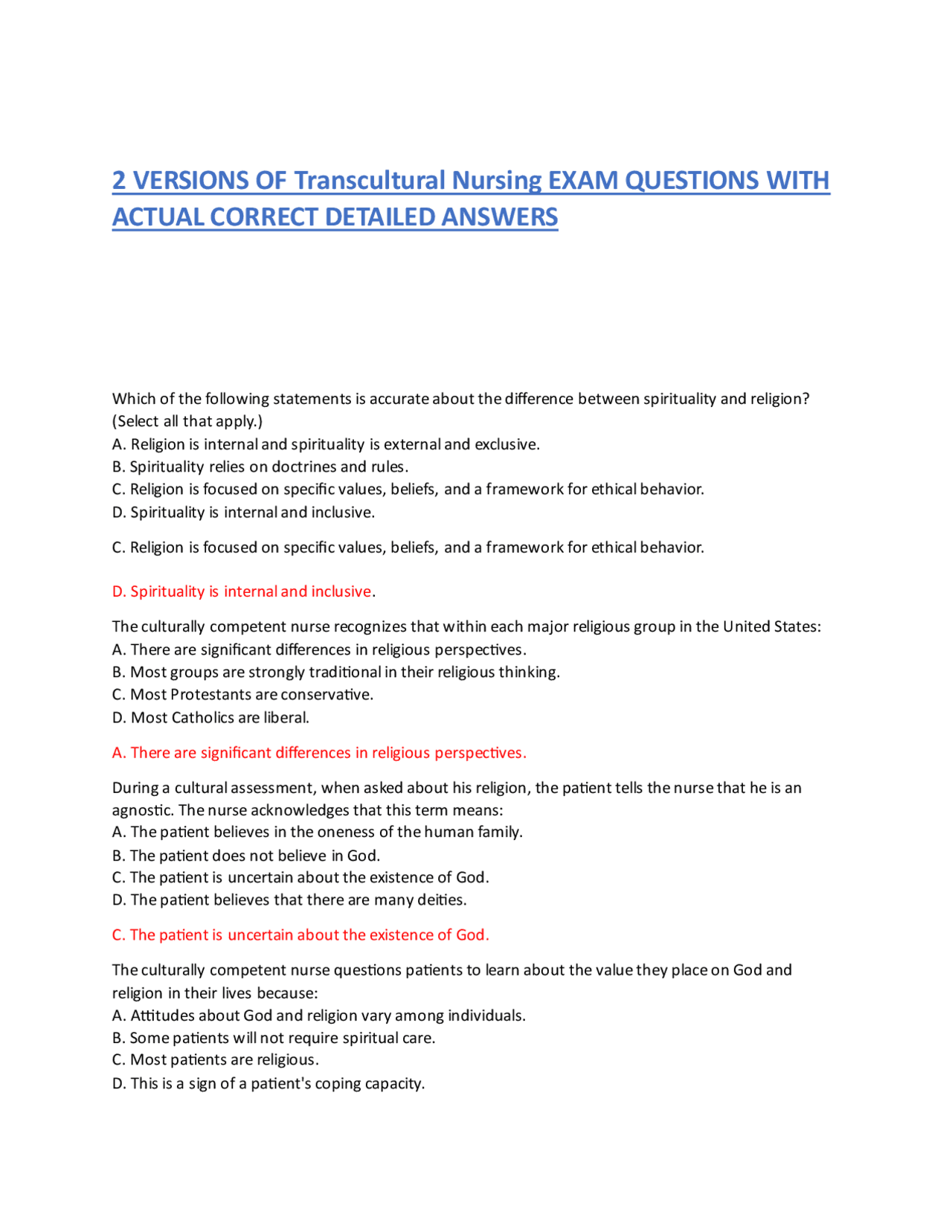 Transcultural Nursing Exam Questions and Answers | Exams Nursing | Docsity