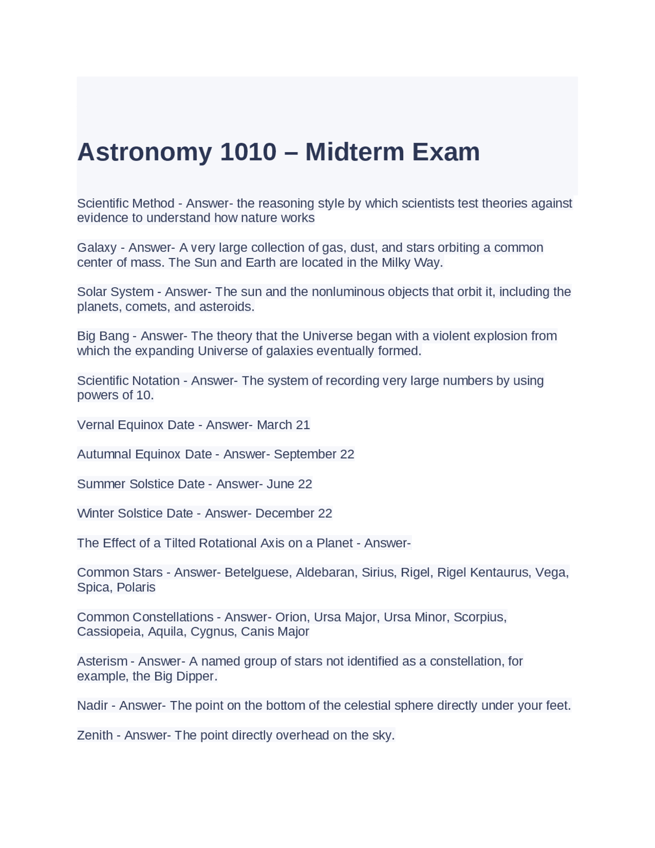 Astronomy 1010 - Midterm Exam: Key Concepts and Definitions | Exams ...