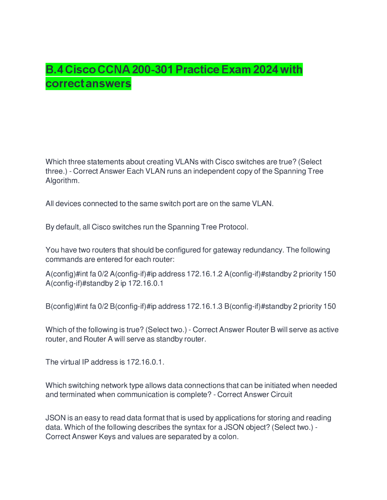 Cisco Ccna 200 301 Practice Exam 2024 With Correct Answers Exams Computer Science Docsity