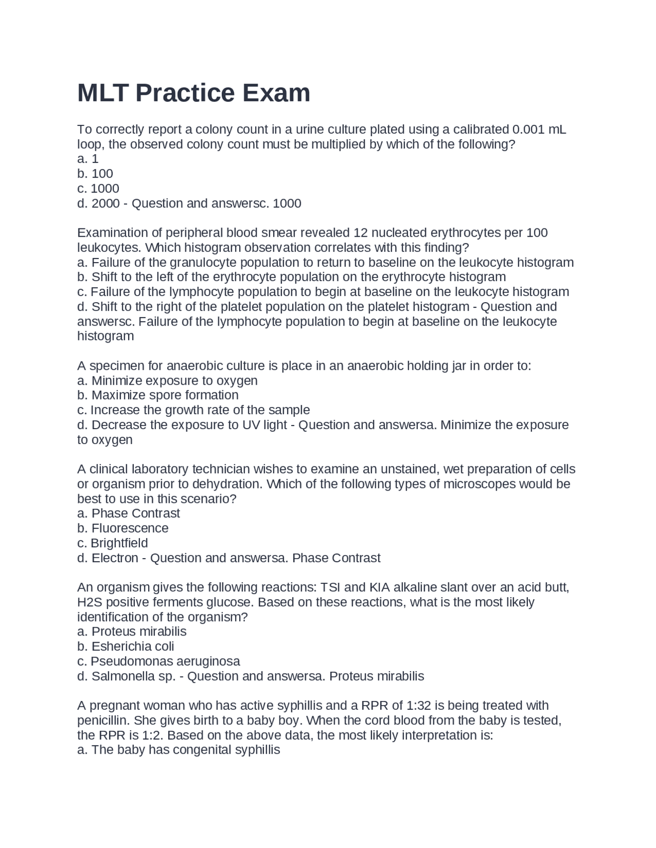 MLT Practice Exam of Questions with 100% verified Answers | Exams ...