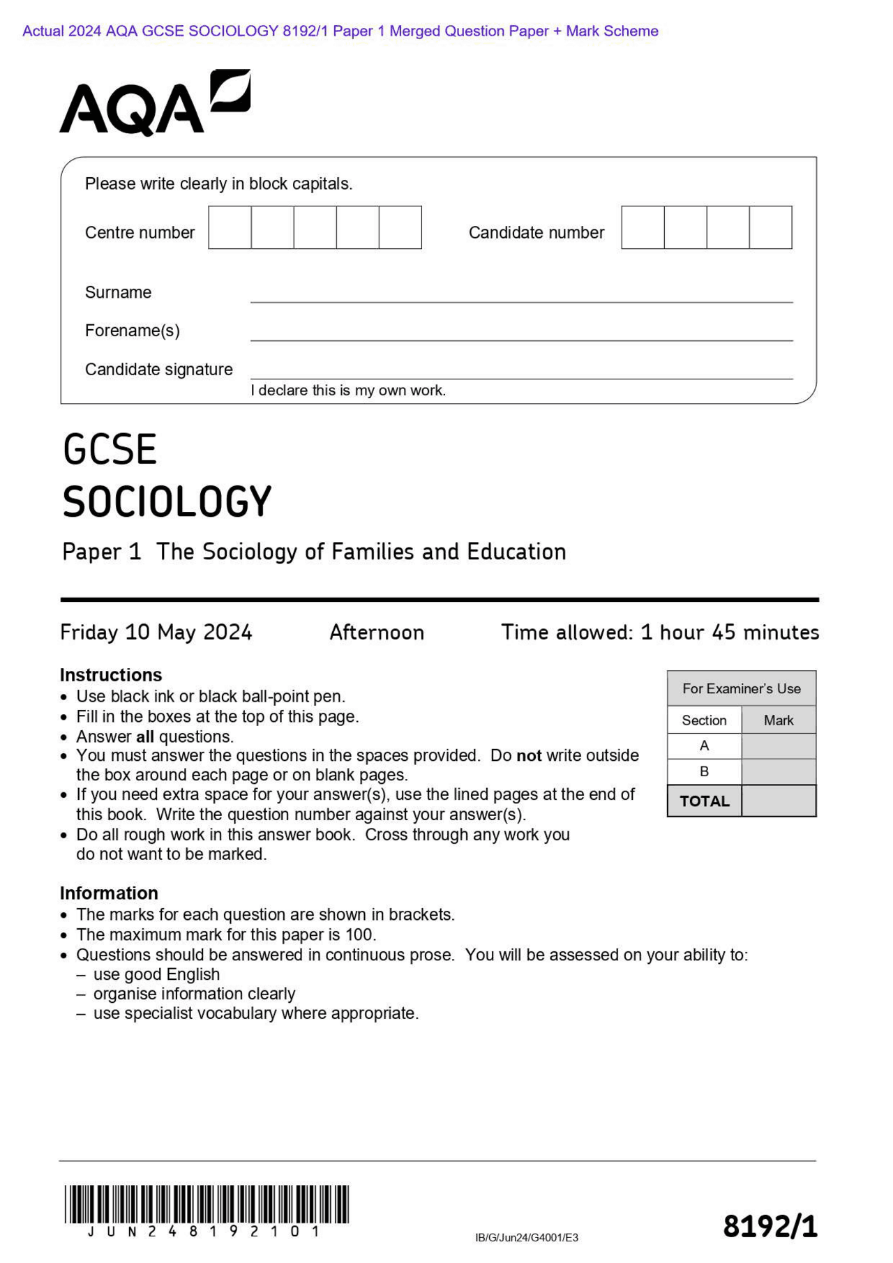 Actual 2024 AQA GCSE SOCIOLOGY 8192/1 Paper 1 Merged Question Paper + Mark Scheme | Exams ...