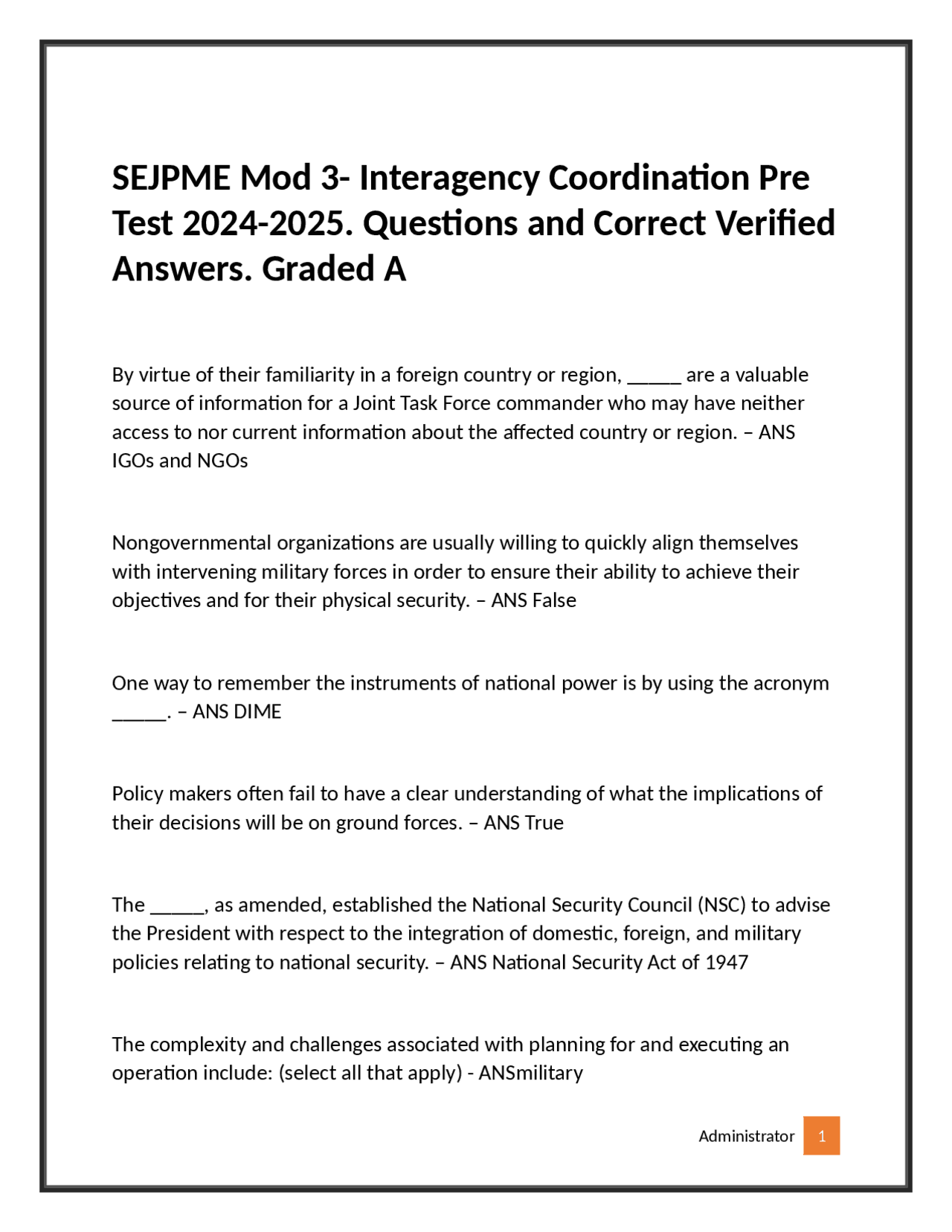 SEJPME Mod 3 - Interagency Coordination Pre Test 2024-2025: Questions ...