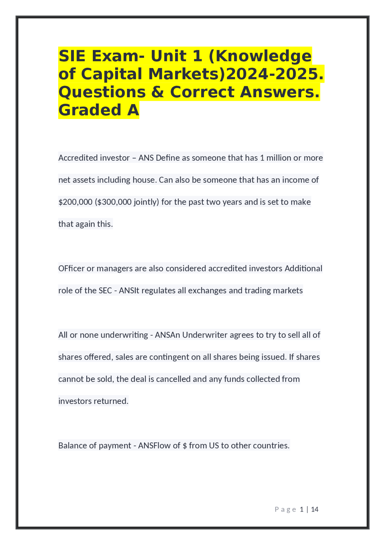 SIE Exam- Unit 1 (Knowledge of Capital Markets)2024-2025. Questions ...