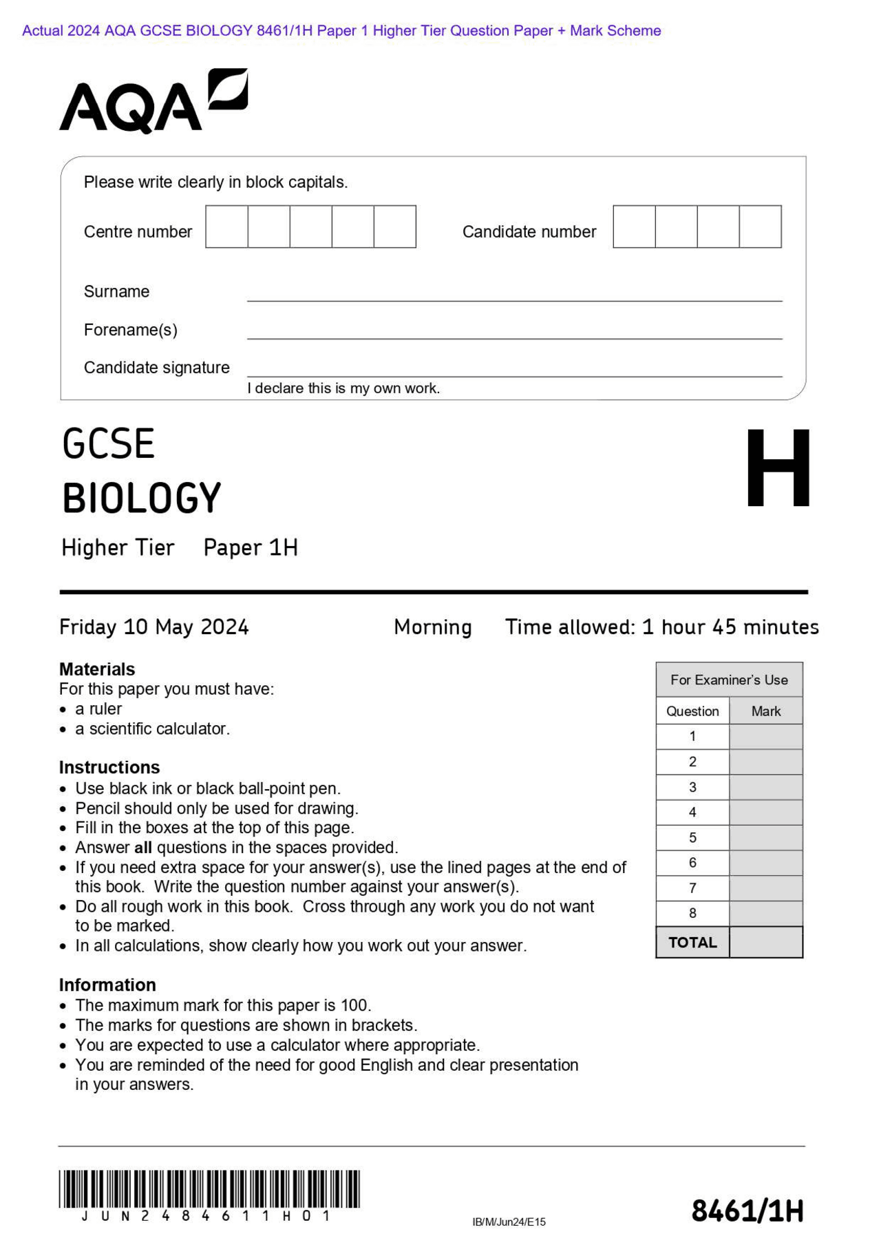 Actual 2024 AQA GCSE BIOLOGY 8461/1H Paper 1 Higher Tier Question Paper ...