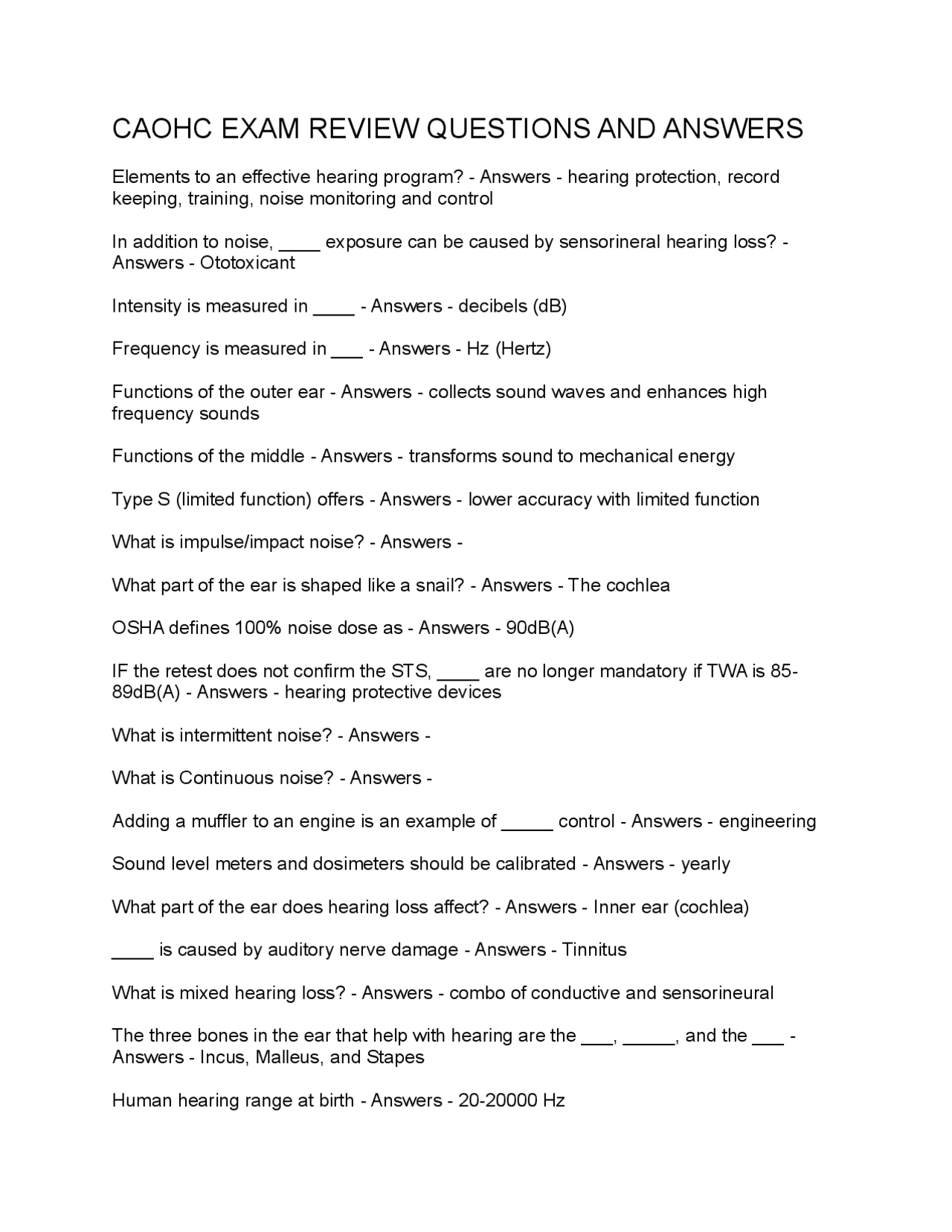 CAOHC Exam Review Questions and Answers: Hearing Conservation | Exams ...