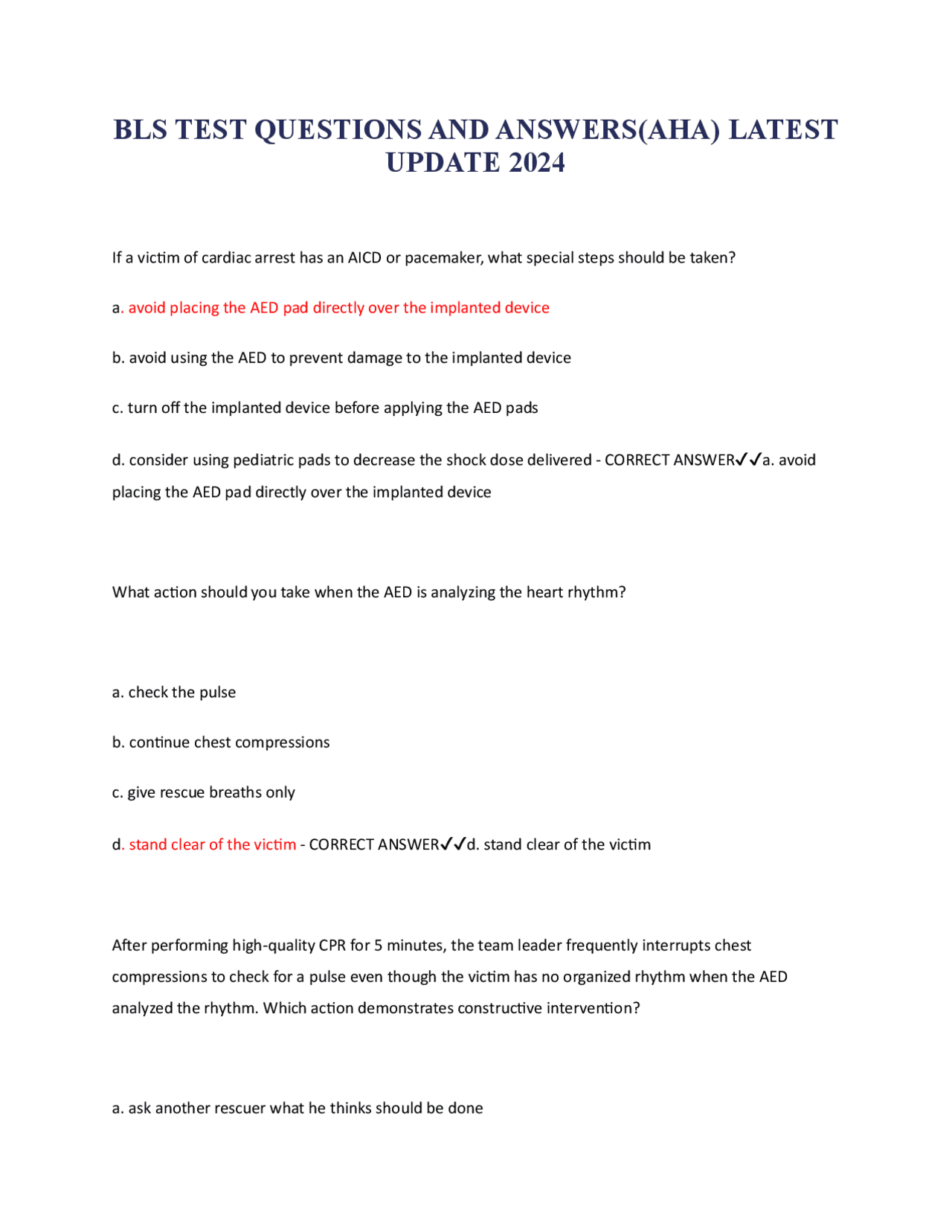 BLS Test Questions and Answers (AHA) - Latest Update 2024 | Exams ...