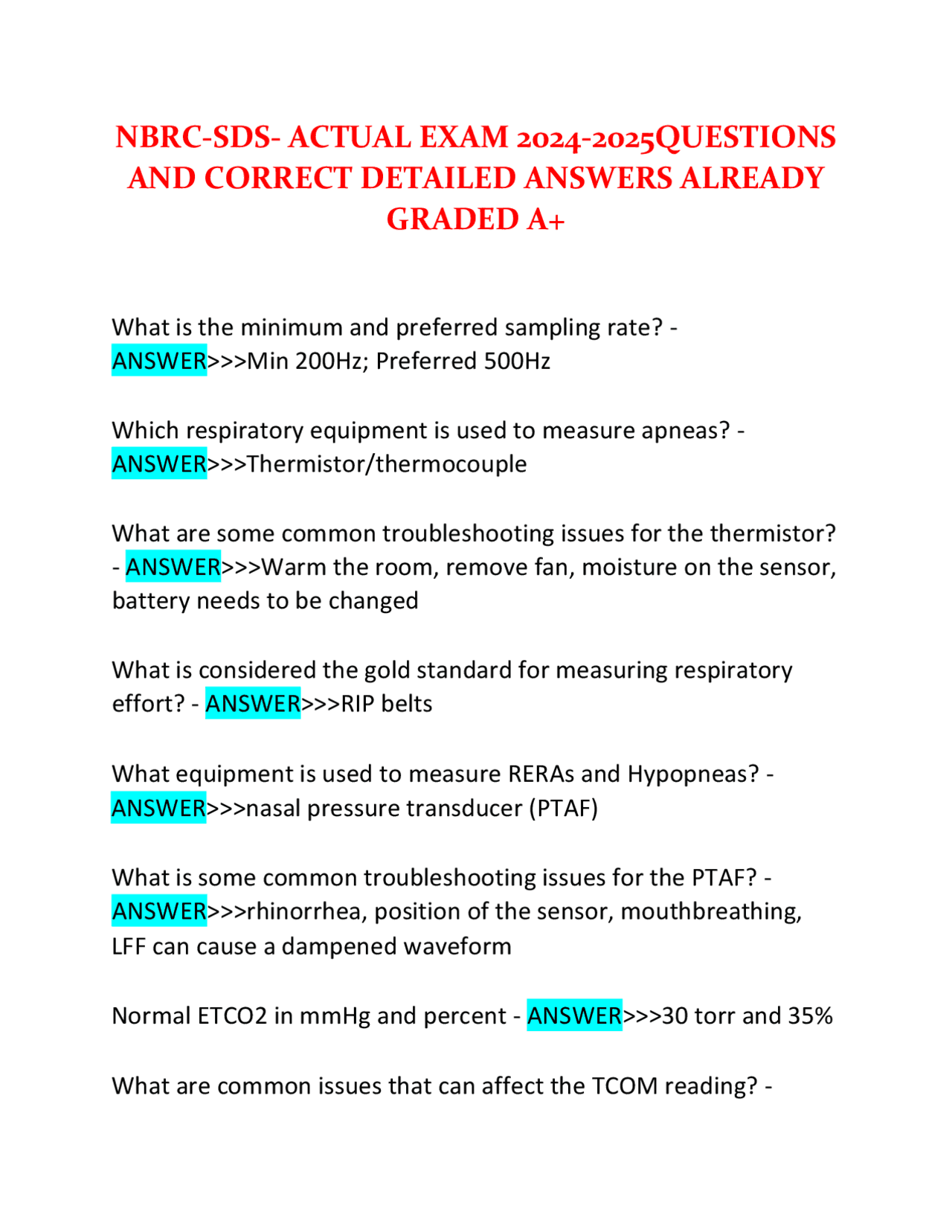 NBRC-SDS Actual Exam 2024-2025: Questions and Answers | Exams Nursing ...