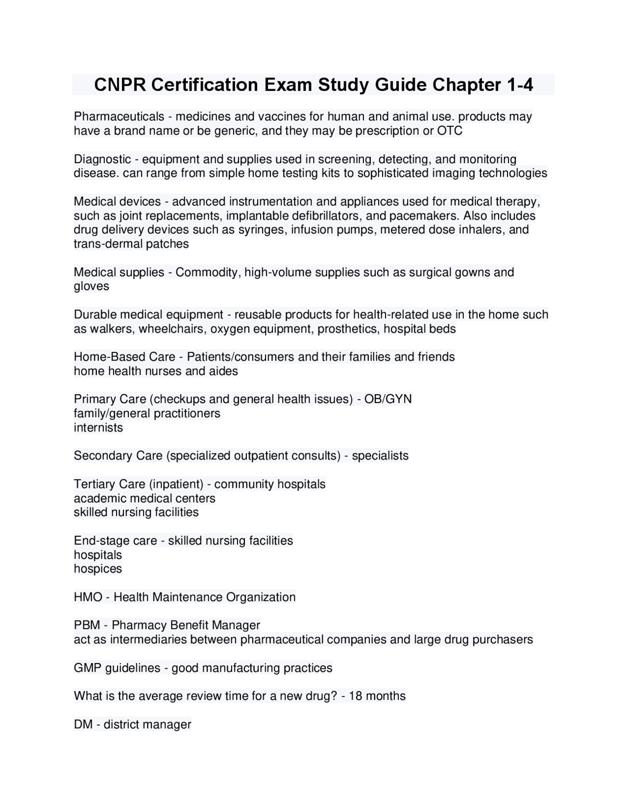 CNPR Certification Exam Study Guide: Chapters 1-4 | Exams Nursing | Docsity