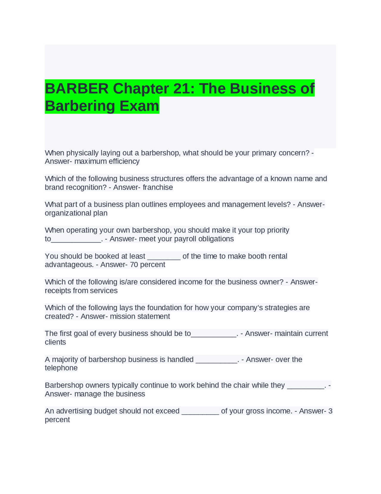 BARBER Chapter 21 The Business of Barbering Exam Questions and Answers ...