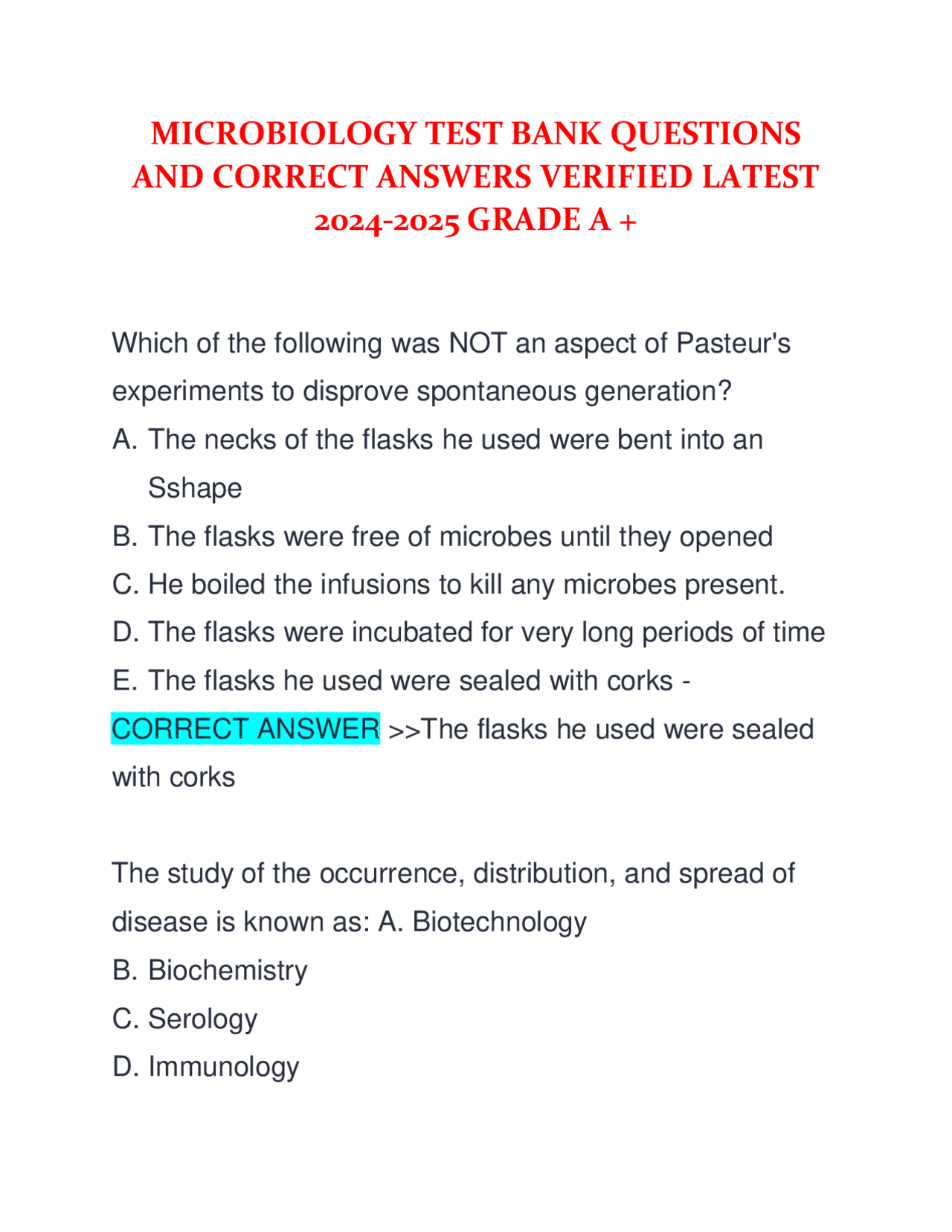 MICROBIOLOGY TEST BANK QUESTIONS AND CORRECT ANSWERS VERIFIED LATEST ...