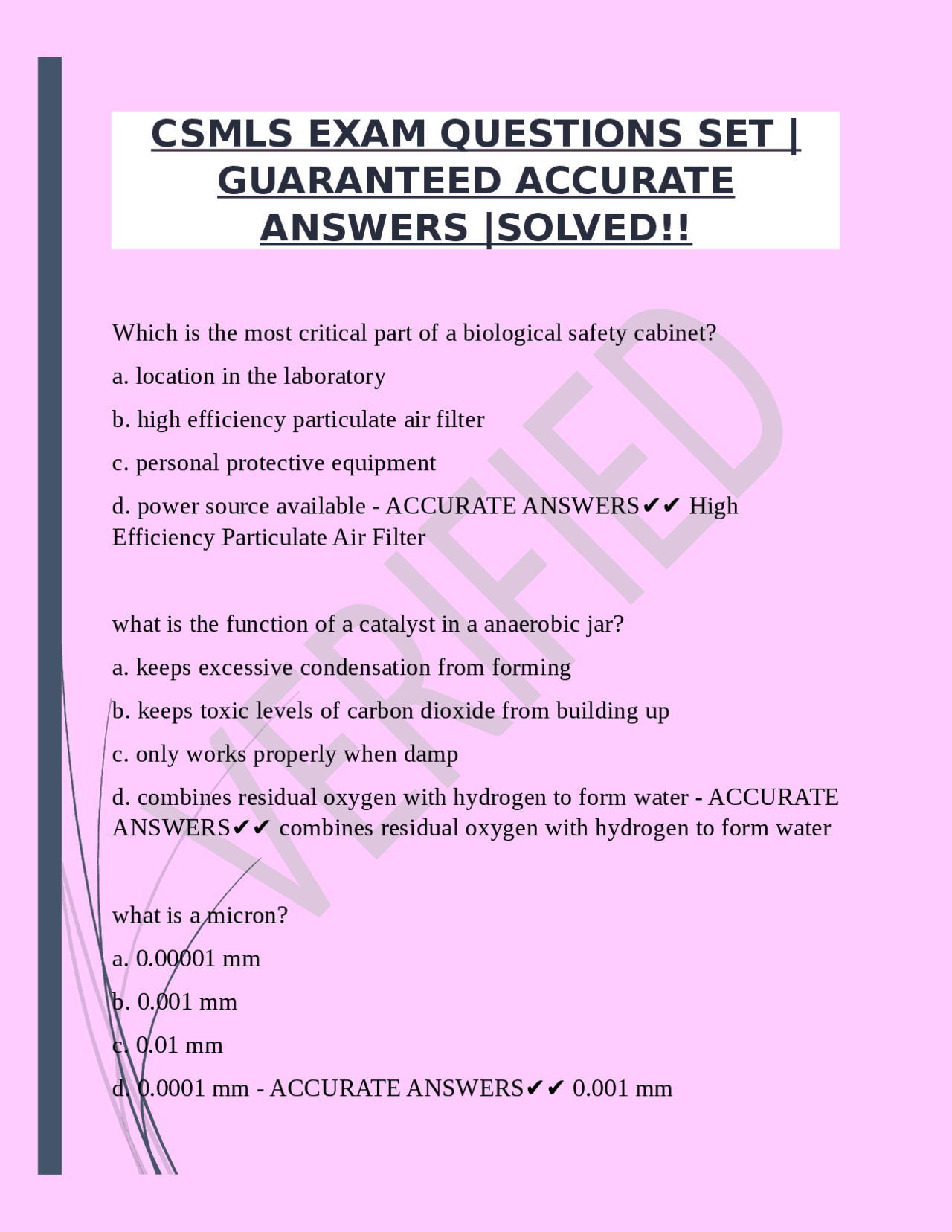 CSMLS EXAM QUESTIONS SET |GUARANTEED ACCURATE ANSWERS |SOLVED!! | Exams ...