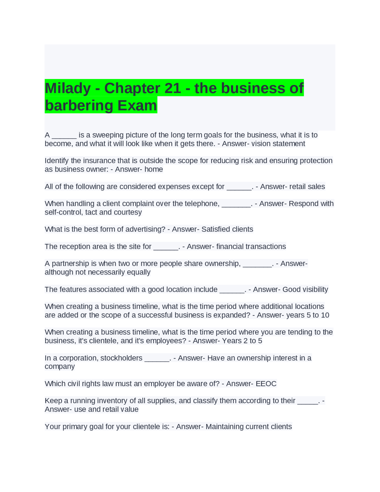 Milady - Chapter 21 - the business of barbering Exam 2025 Questions and ...