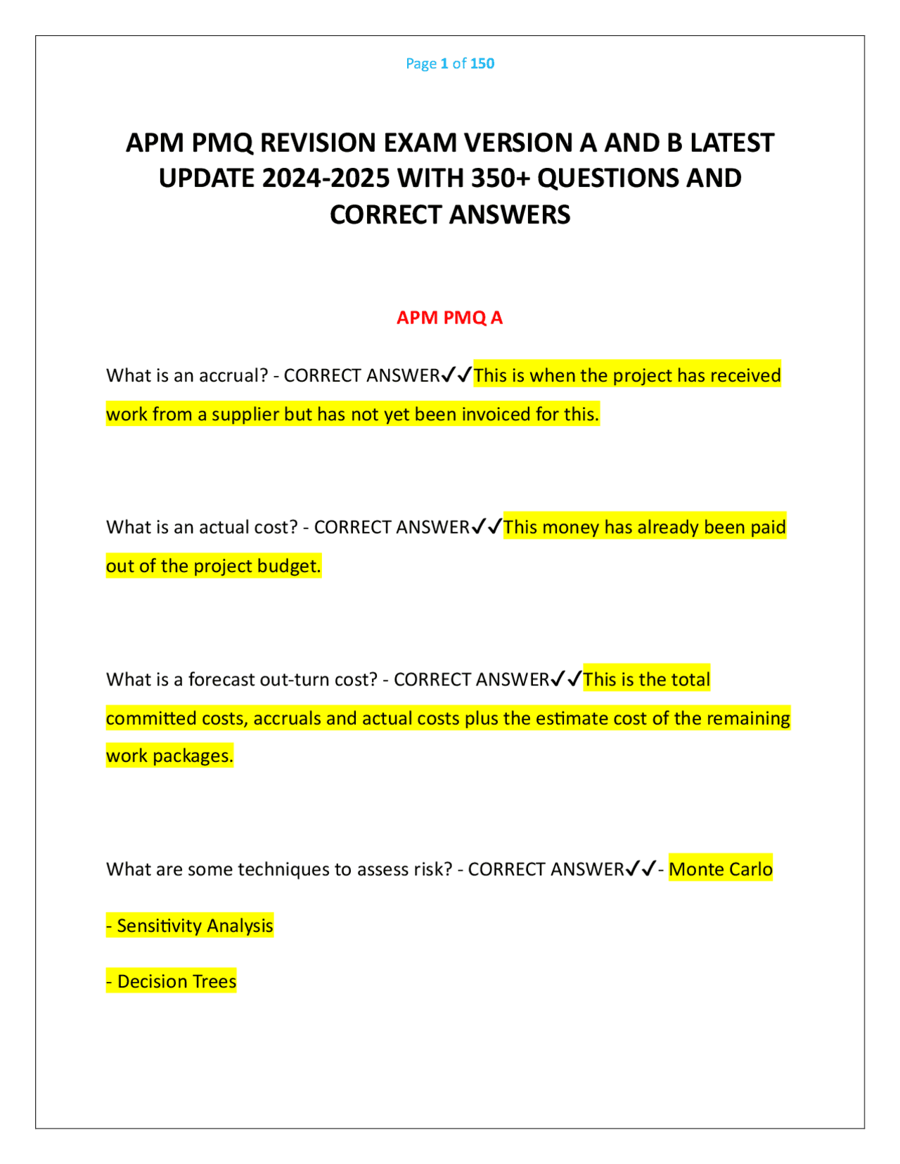 APM PMQ REVISION EXAM VERSION A AND B LATEST UPDATE 2024-2025 WITH 350 ...