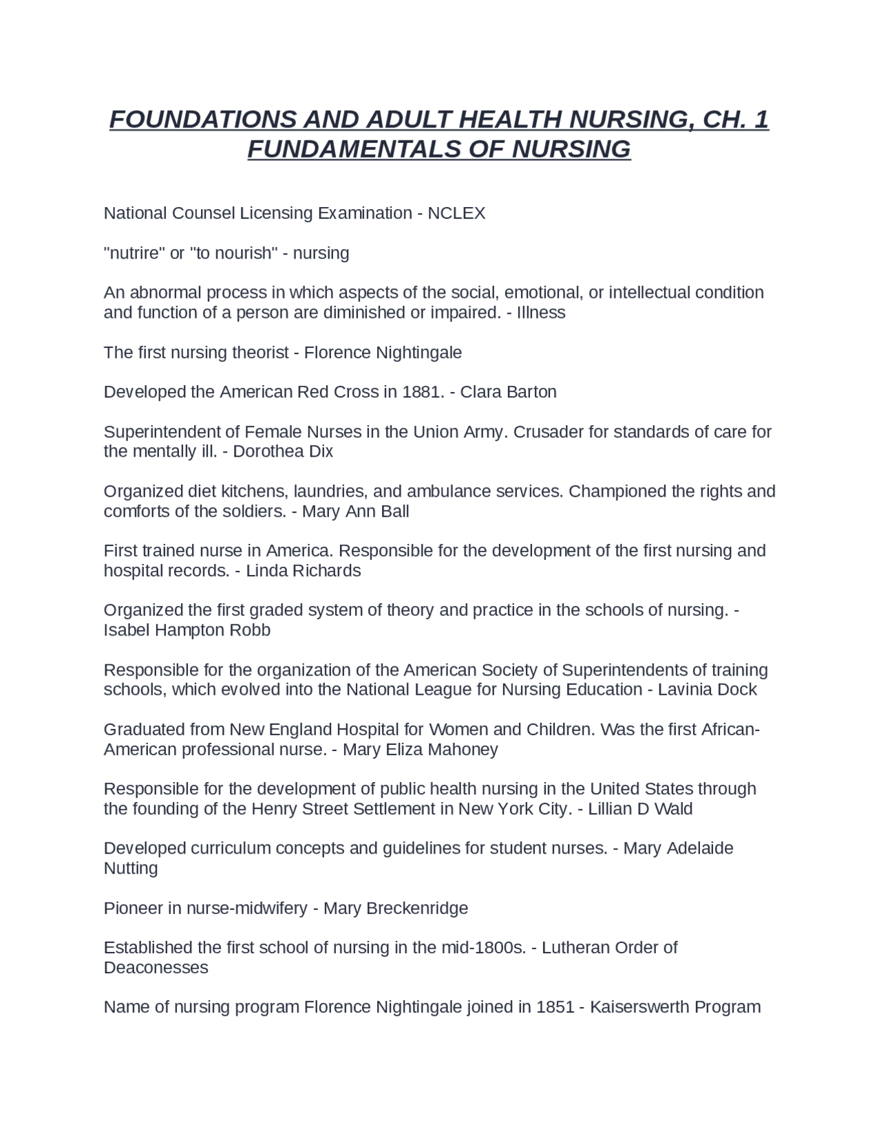 FOUNDATIONS AND ADULT HEALTH NURSING, CH. 1 FUNDAMENTALS OF NURSING ...