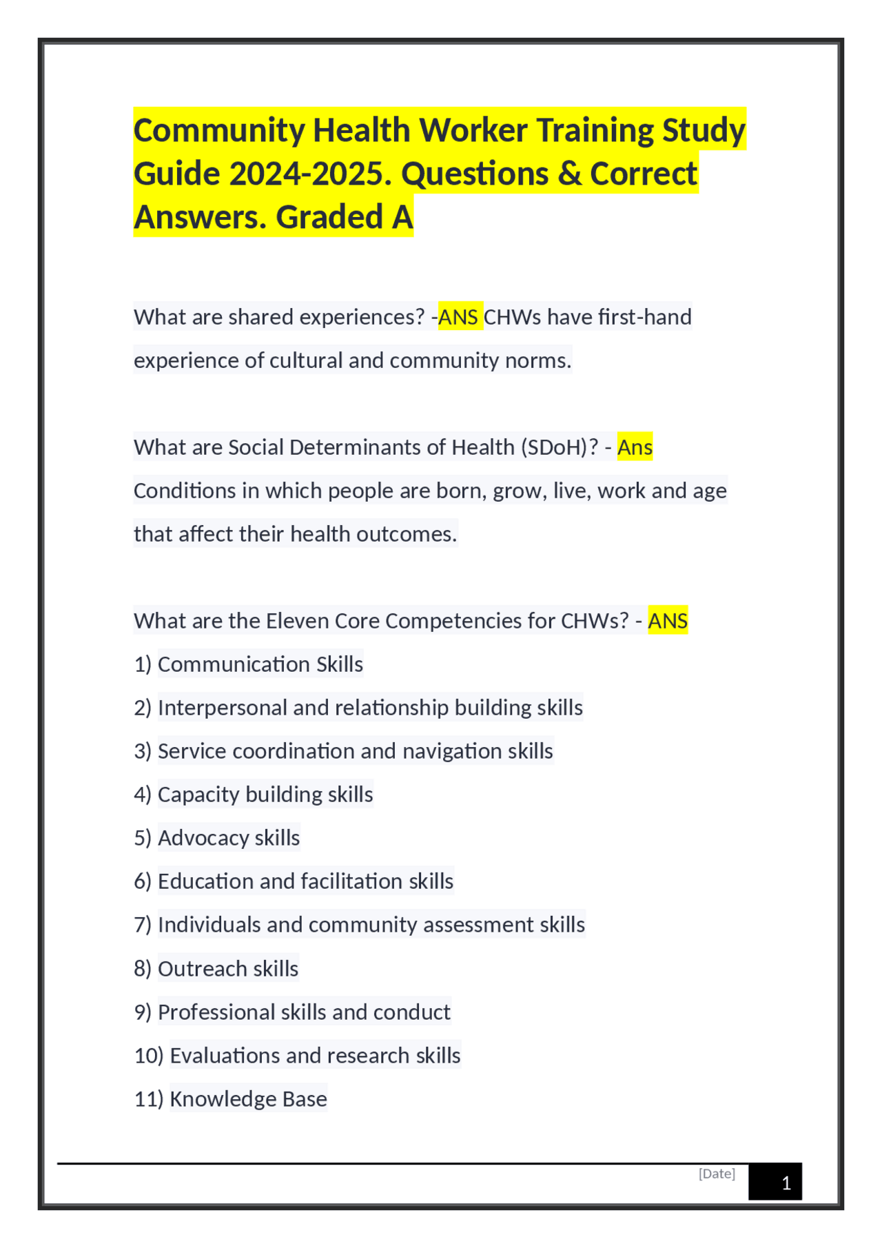 Community Health Worker Training Study Guide 2024-2025. Questions ...