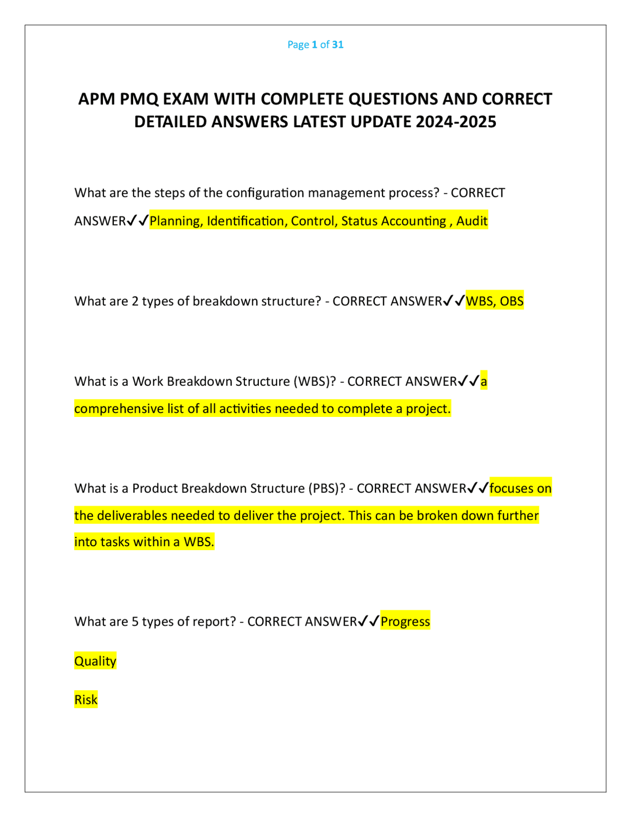 APM PMQ EXAM WITH COMPLETE QUESTIONS AND CORRECT DETAILED ANSWERS ...