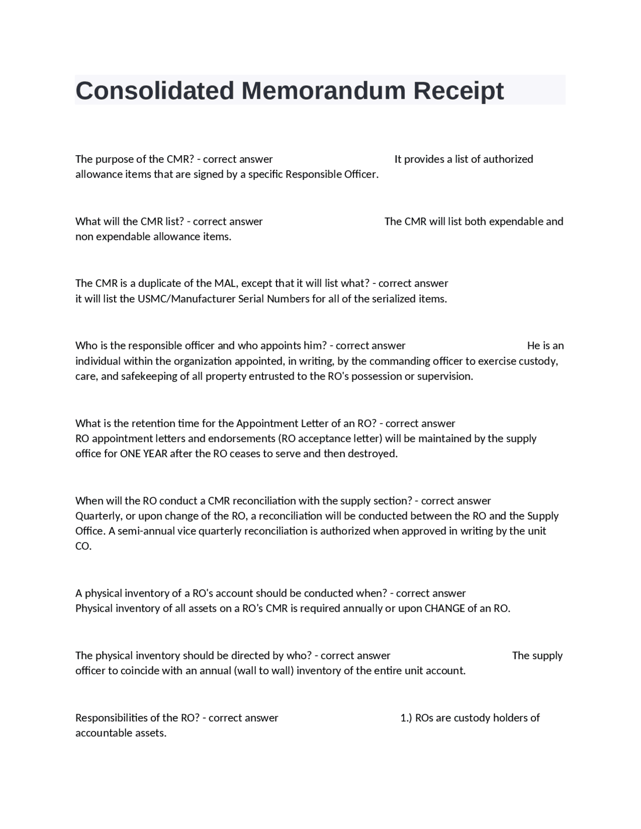 Consolidated Memorandum Receipt (CMR) - Questions and Answers | Exams ...