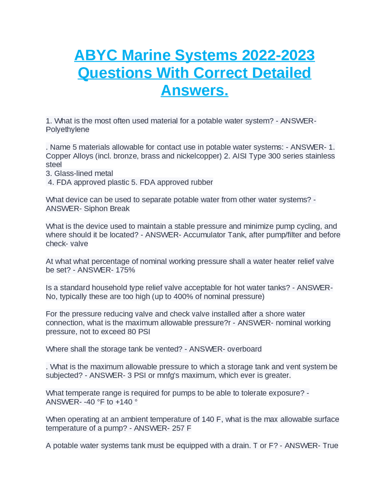Marine Systems Questions and Answers: ABYC Standards 2022-2023 | Exams ...
