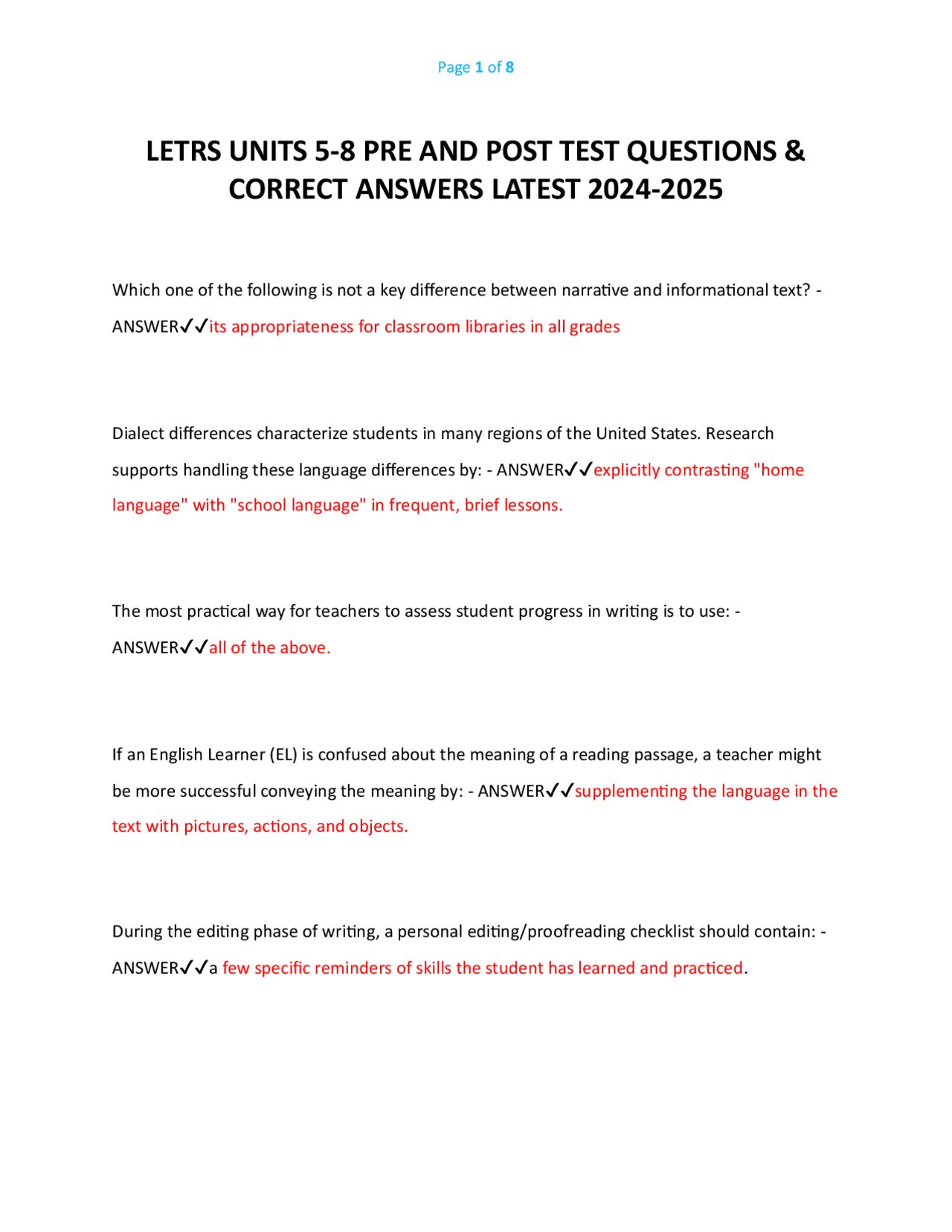 LETRS Units 5-8: Pre & Post Test Questions and Answers | Exams Nursing ...
