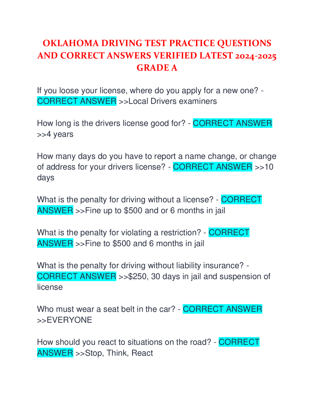 OKLAHOMA DRIVING TEST PRACTICE QUESTIONS AND CORRECT ANSWERS VERIFIED ...