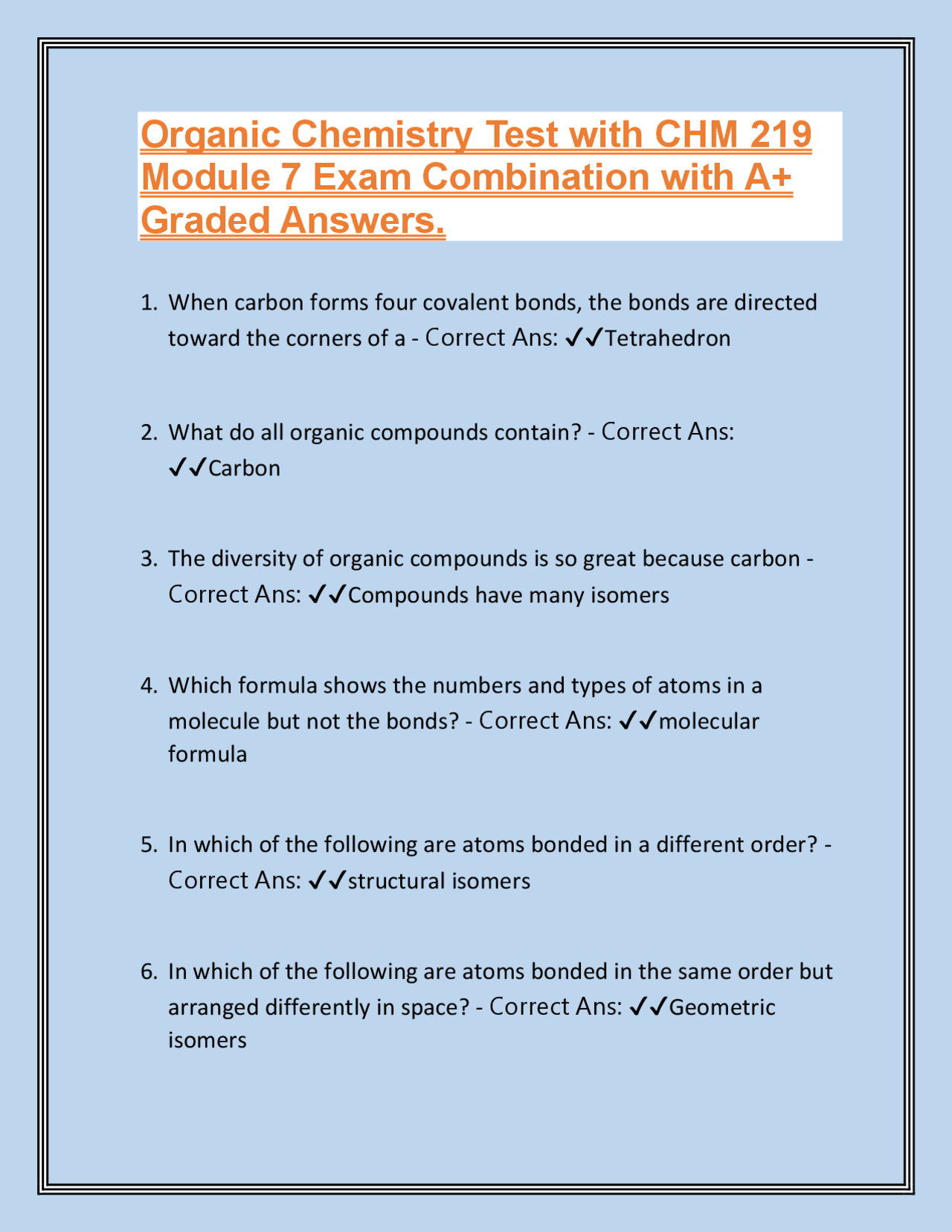 Organic Chemistry Test: CHM 219 Module 7 Exam with Graded Answers ...