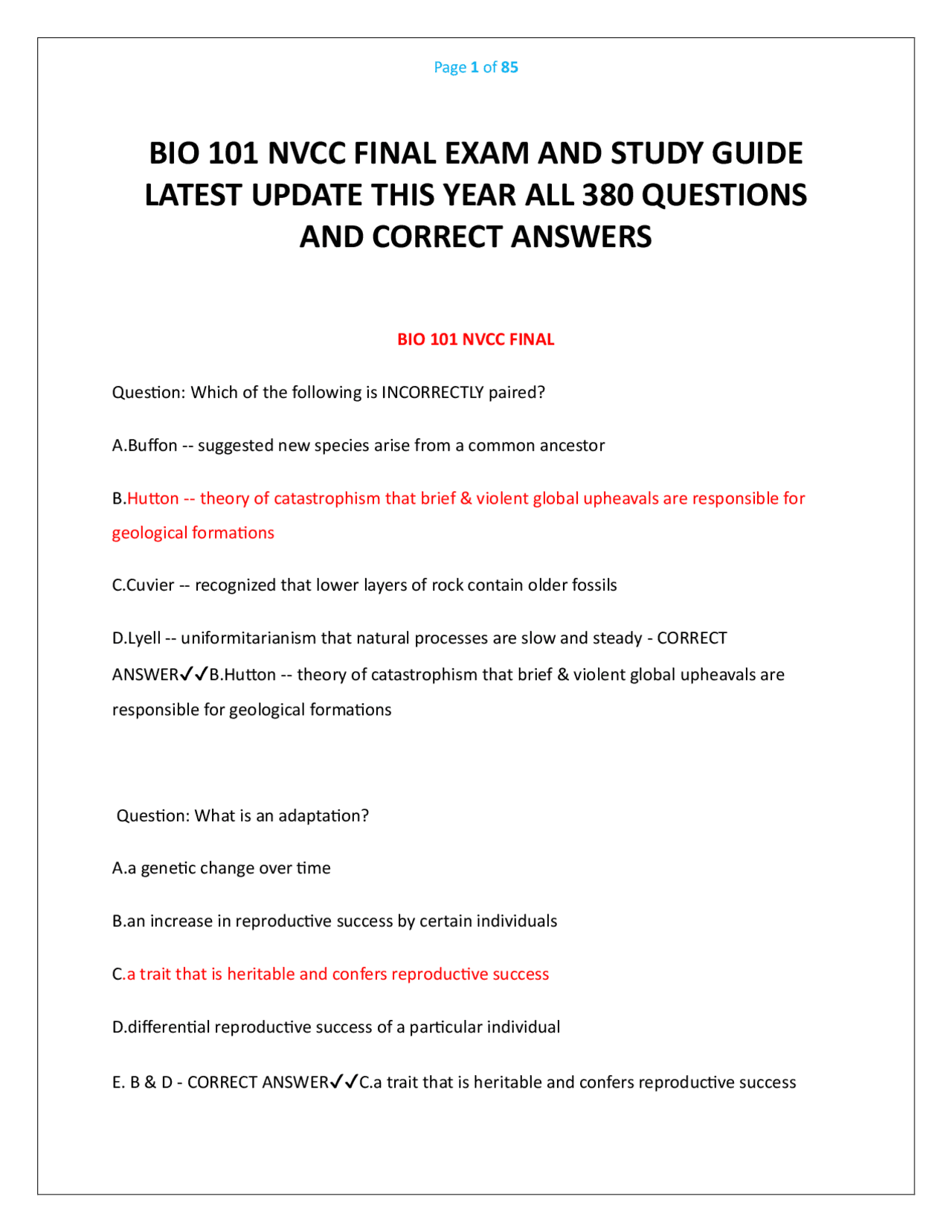 BIO 101 NVCC FINAL EXAM AND STUDY GUIDE LATEST UPDATE THIS YEAR ALL 380 ...