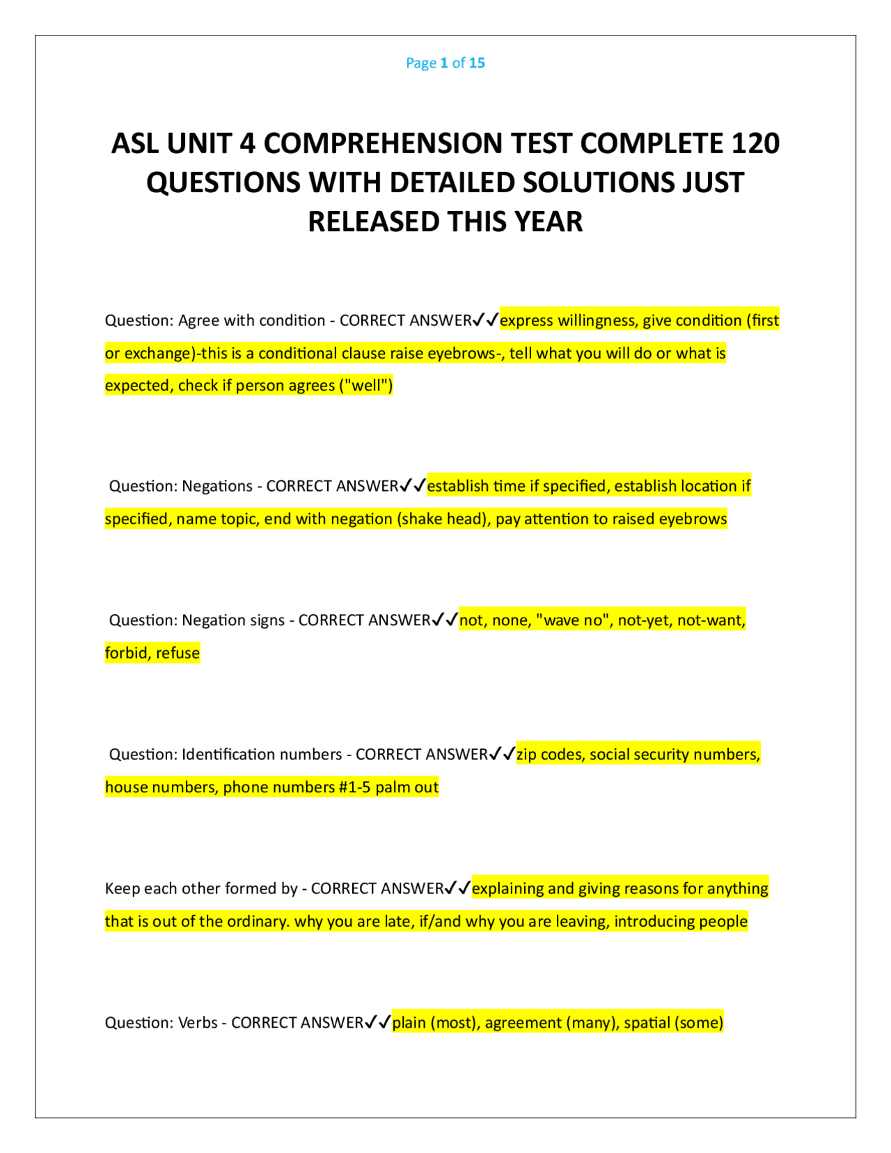 ASL Unit 4 Comprehension Test: Exercises and Solutions | Exams Nursing ...