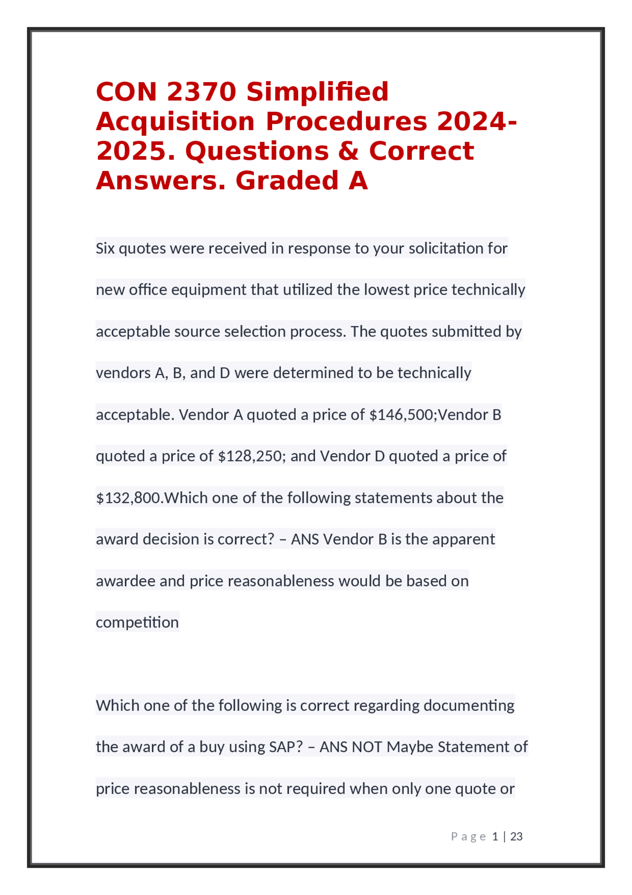 CON 2370 Simplified Acquisition Procedures 2024-2025. Questions ...
