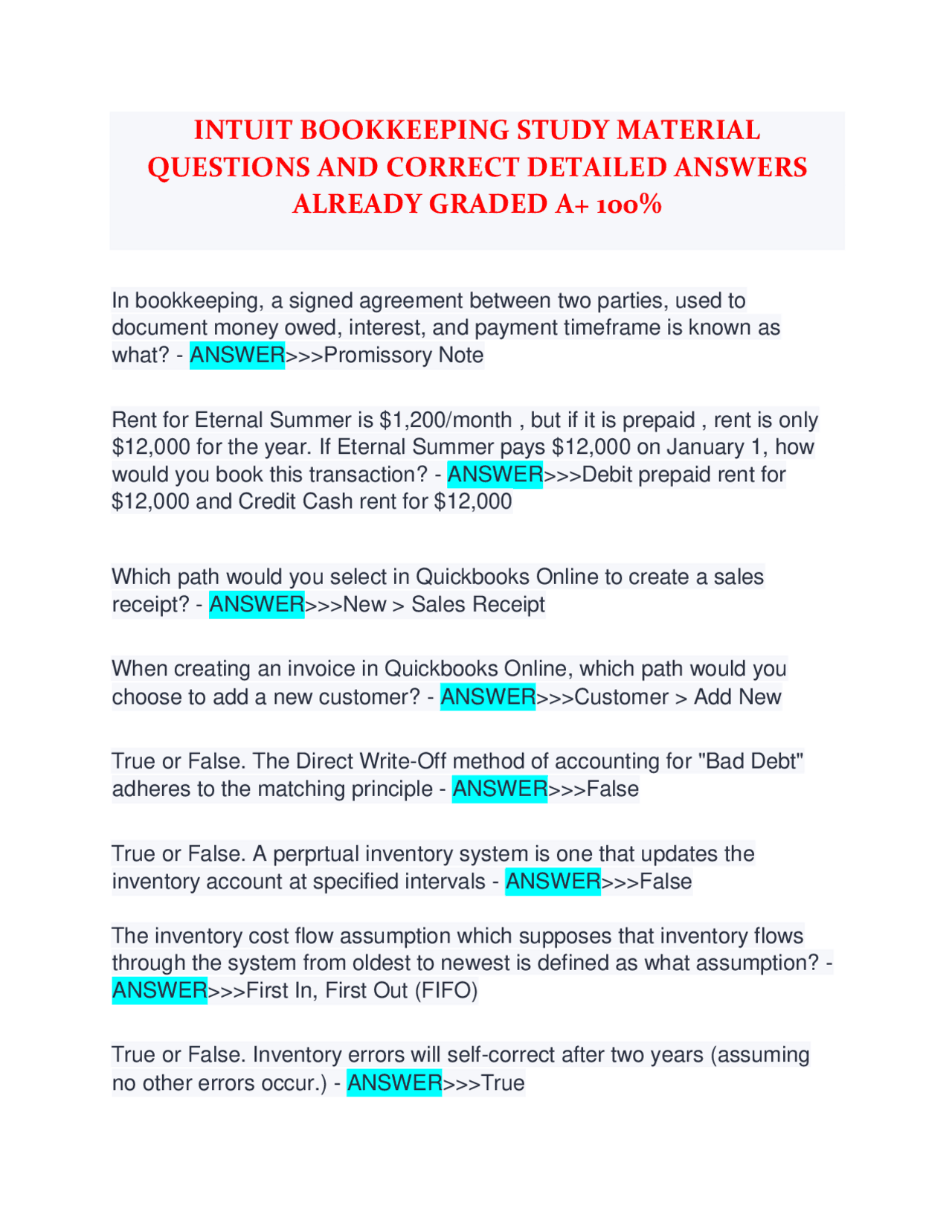 Intuit Bookkeeping Study Material: Questions and Answers | Exams ...