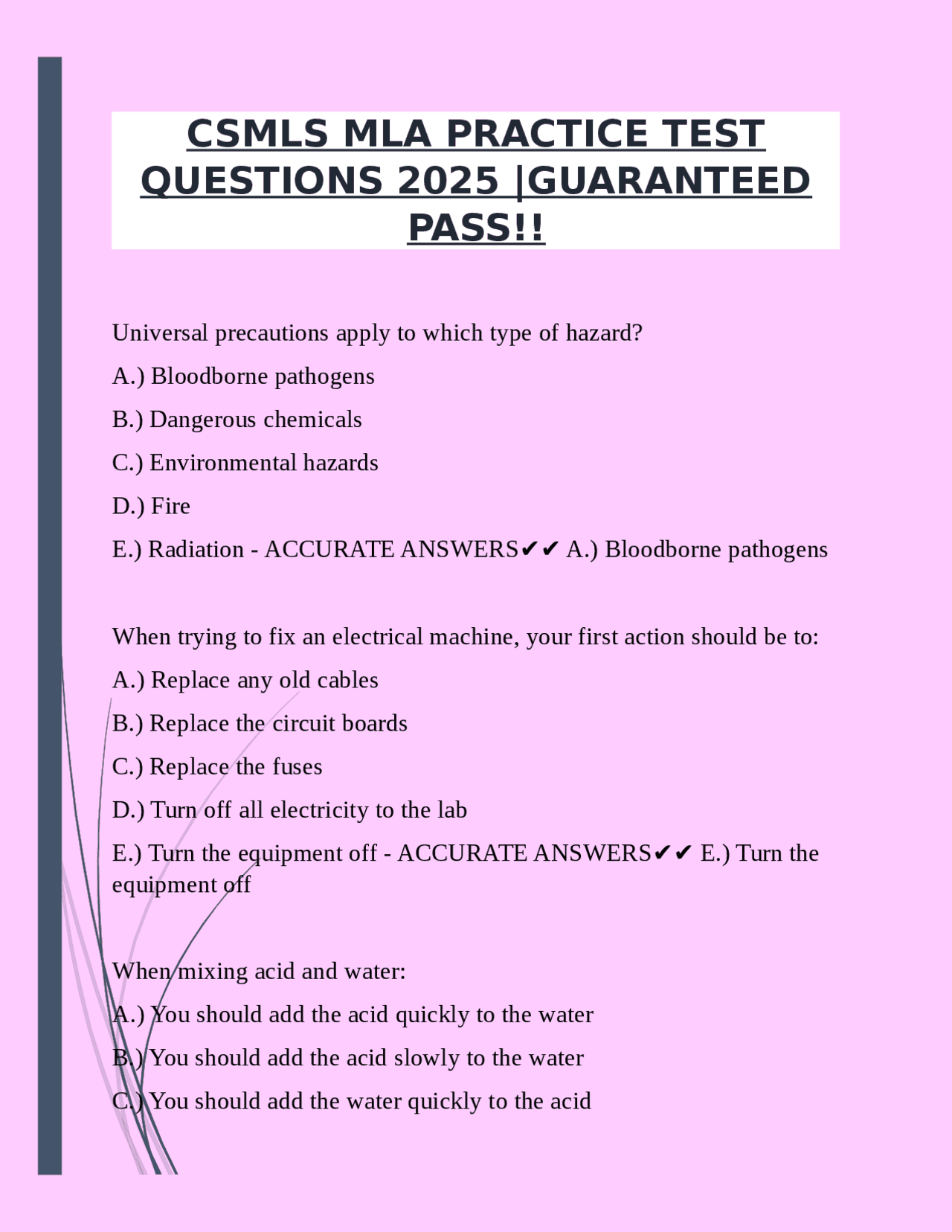 CSMLS MLA Practice Test: Multiple Choice Questions and Answers | Exams ...