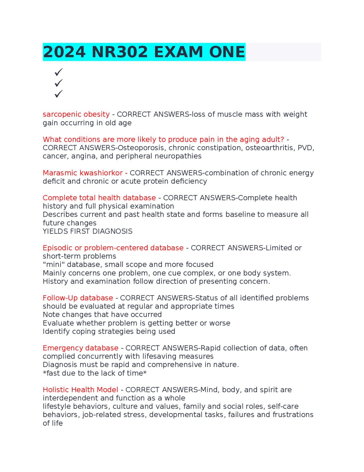 NR302 Exam One: Key Concepts and Practice Questions | Exams Advanced ...
