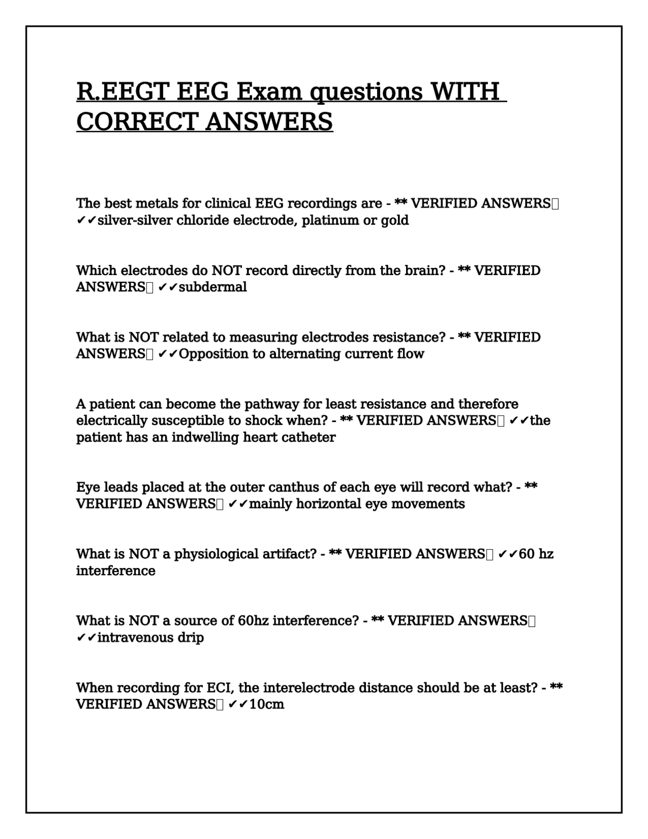 R.EEGT EEG Exam questions WITH CORRECT ANSWERS | Exams Nursing | Docsity