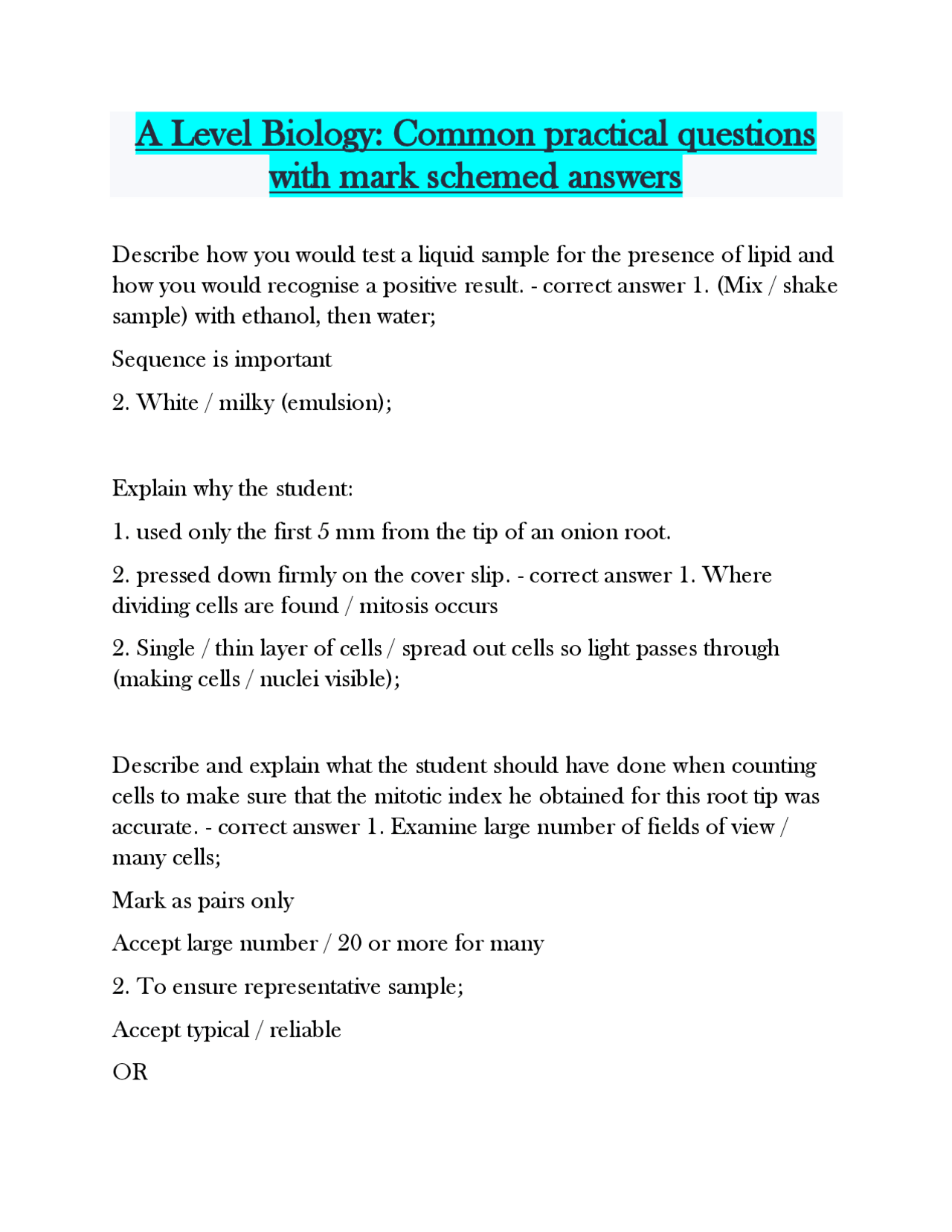 A Level Biology Practical Questions and Answers | Exams Biology | Docsity