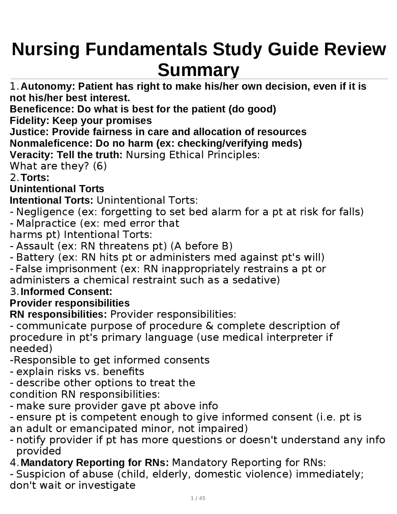 Nursing Fundamentals Study Guide: Ethics, Torts, Consent & More | Study ...