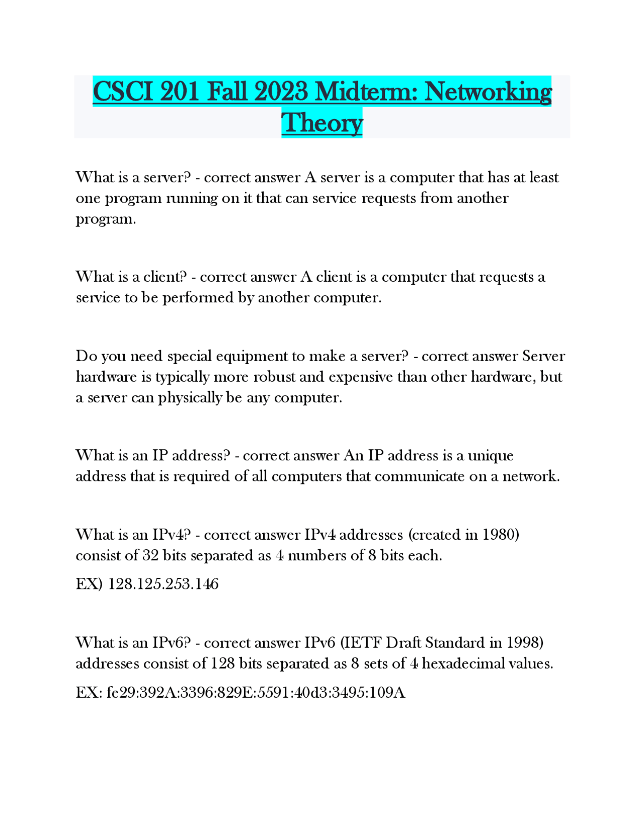 CSCI 201 Fall 2023 Midterm: Networking Theory | Exams Nursing | Docsity