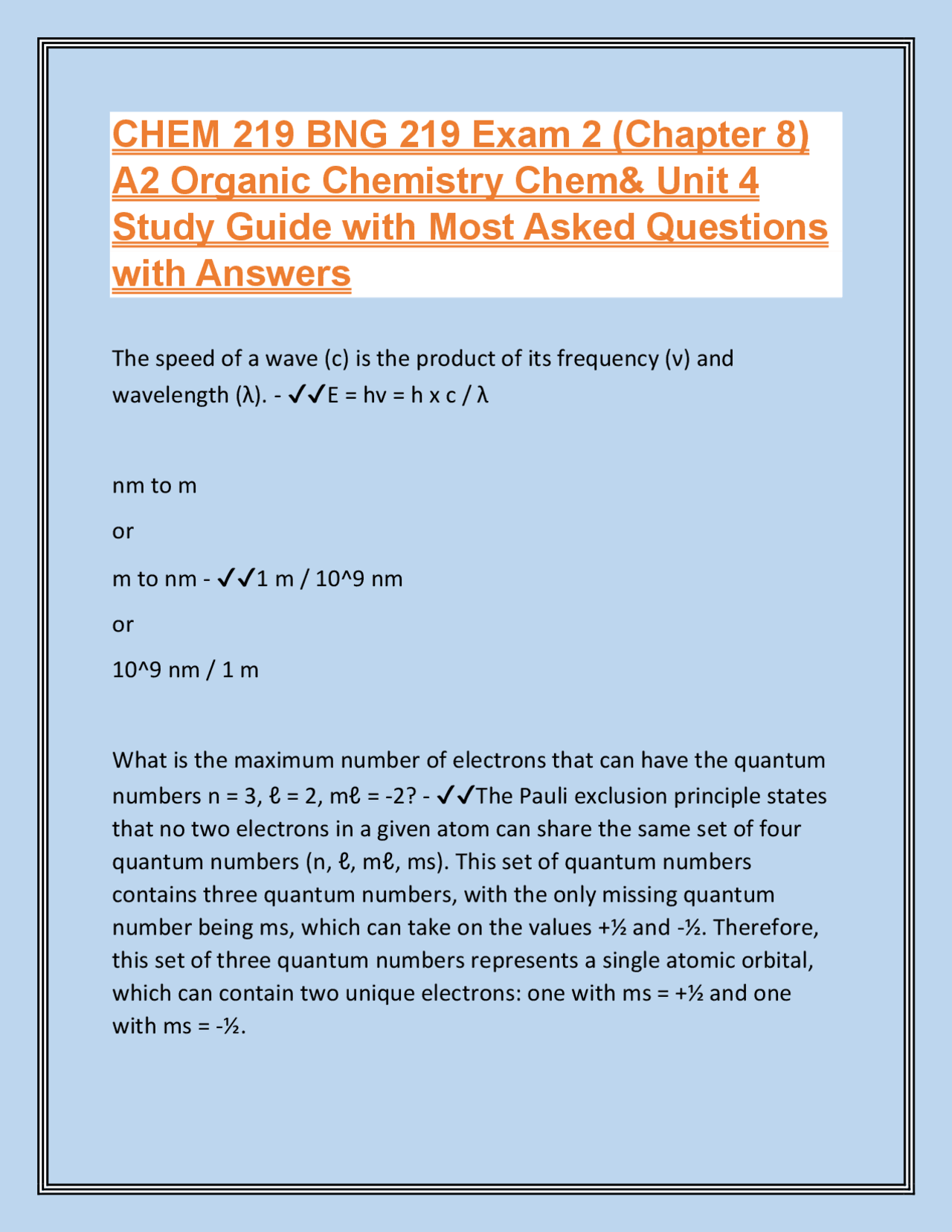 CHEM 219 BNG 219 Exam 2 (Chapter 8) Study Guide with Most Asked ...